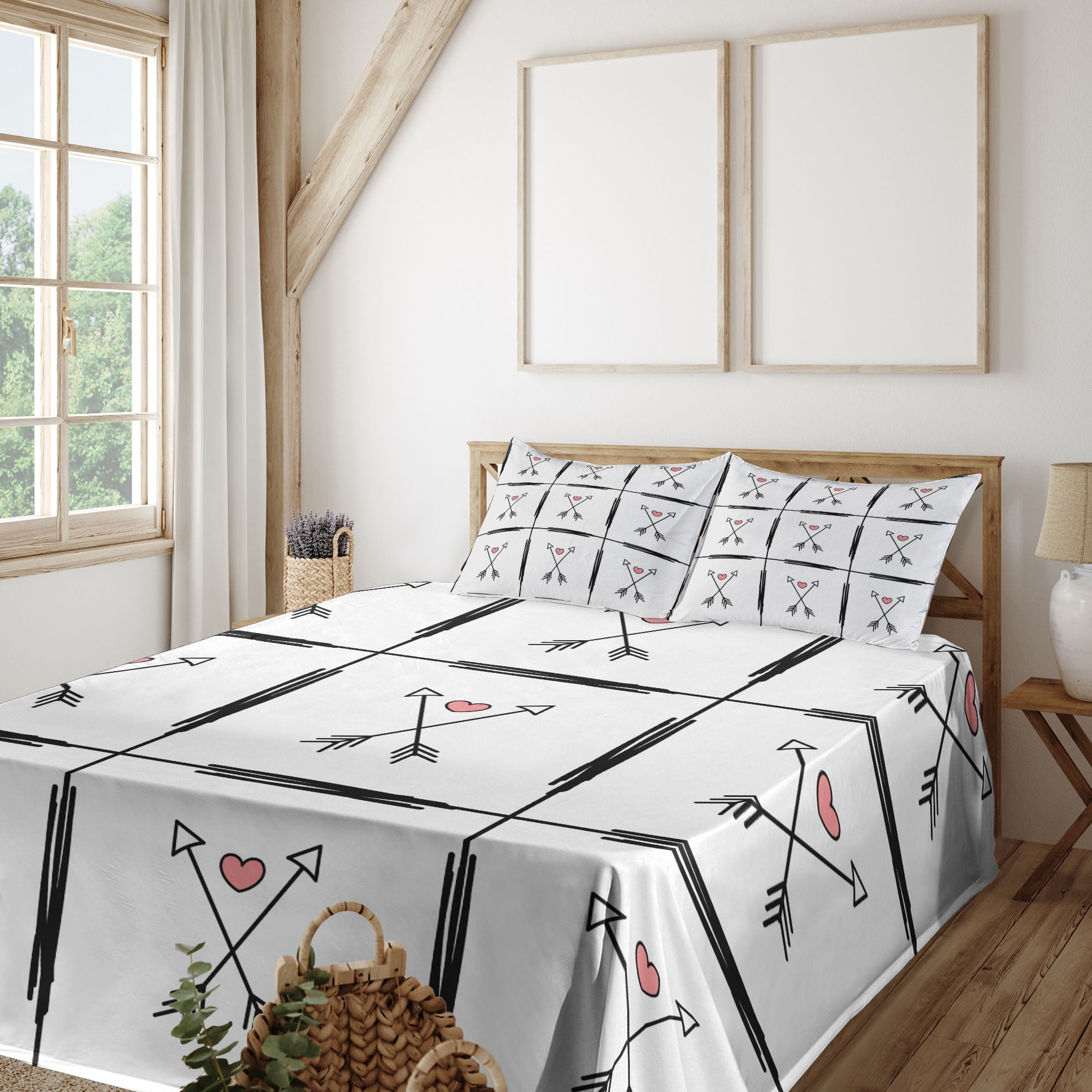 Ambesonne Valentine Fitted & Top Sheet Set with Shams, Arrow Hearts ...