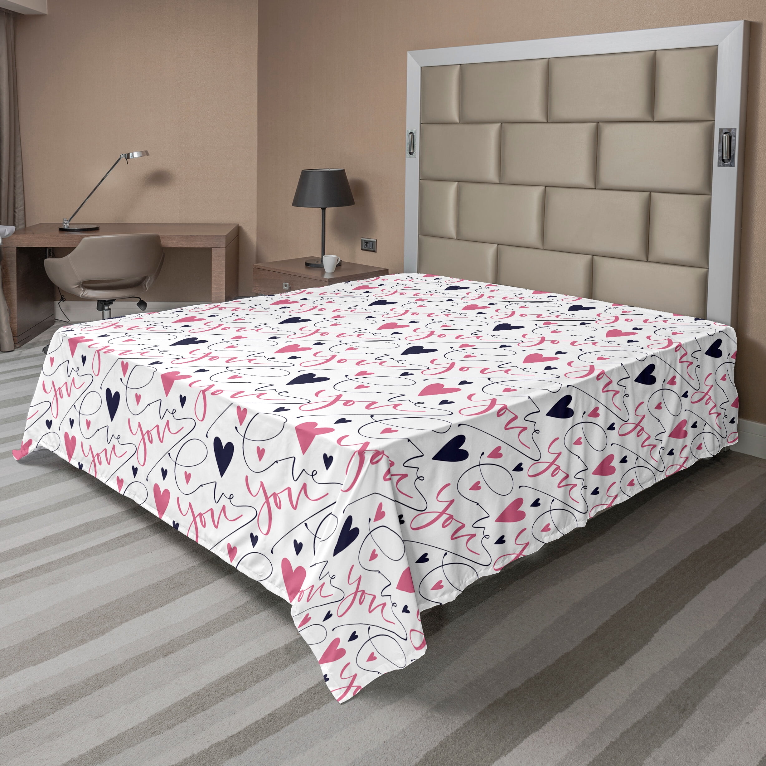 Ambesonne Valentine's Day Flat Sheet, Cursive Love You, Full Size ...
