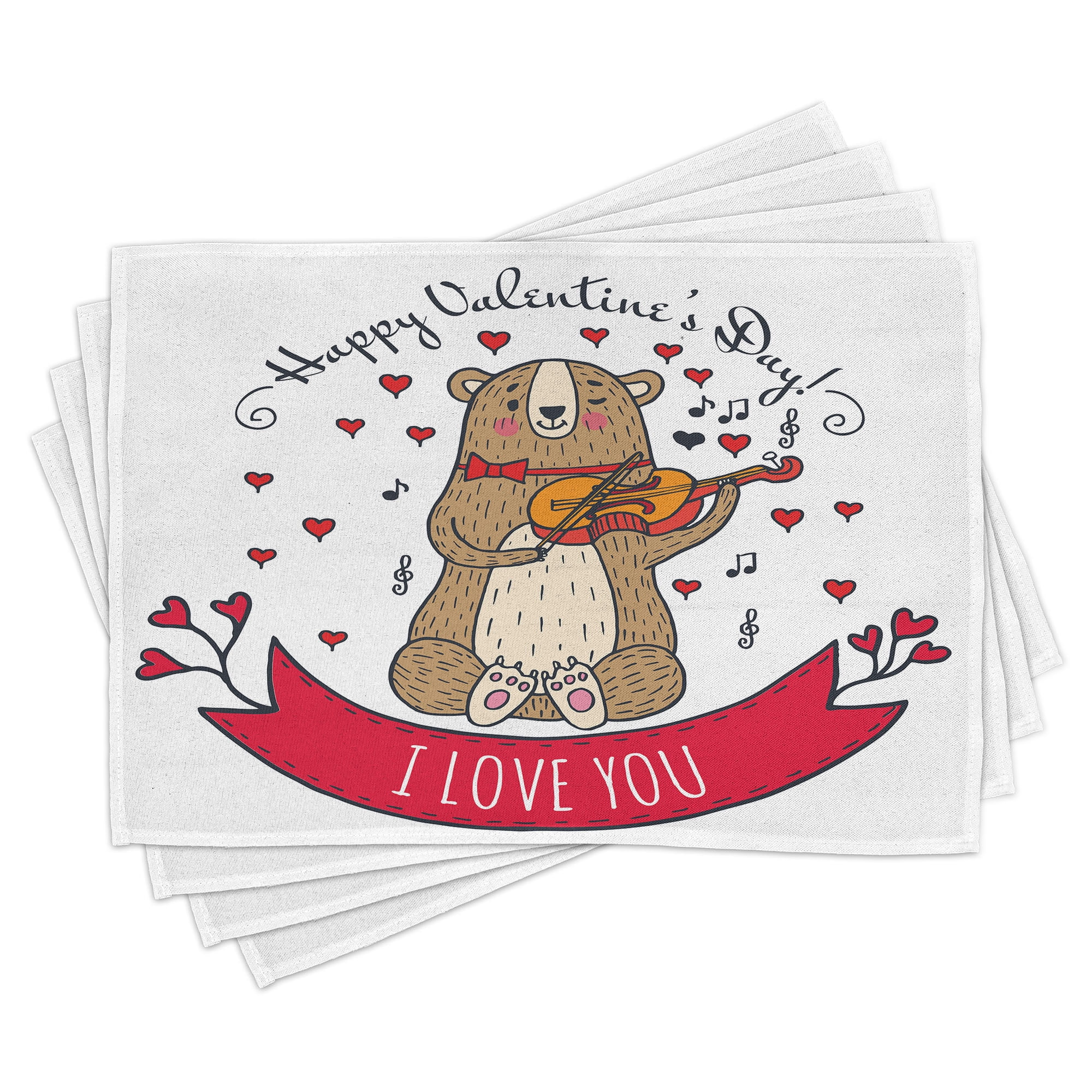 Ambesonne Valentines Day Place Mats Set of 4, Bear and Violin, Standard ...