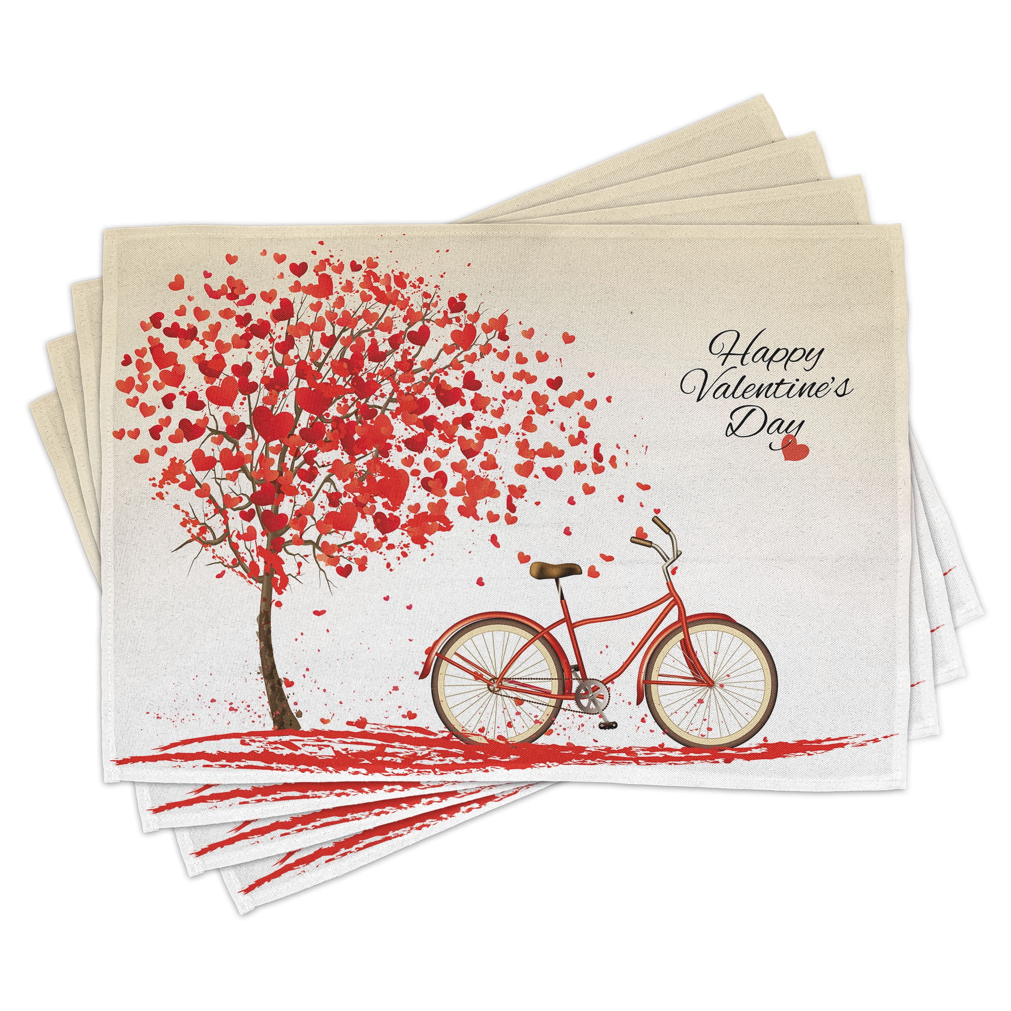 Ambesonne Valentines Day Place Mats Set of 8, Heart Tree Bike, Placemat 8 pcs, Cream Vermilion ...
