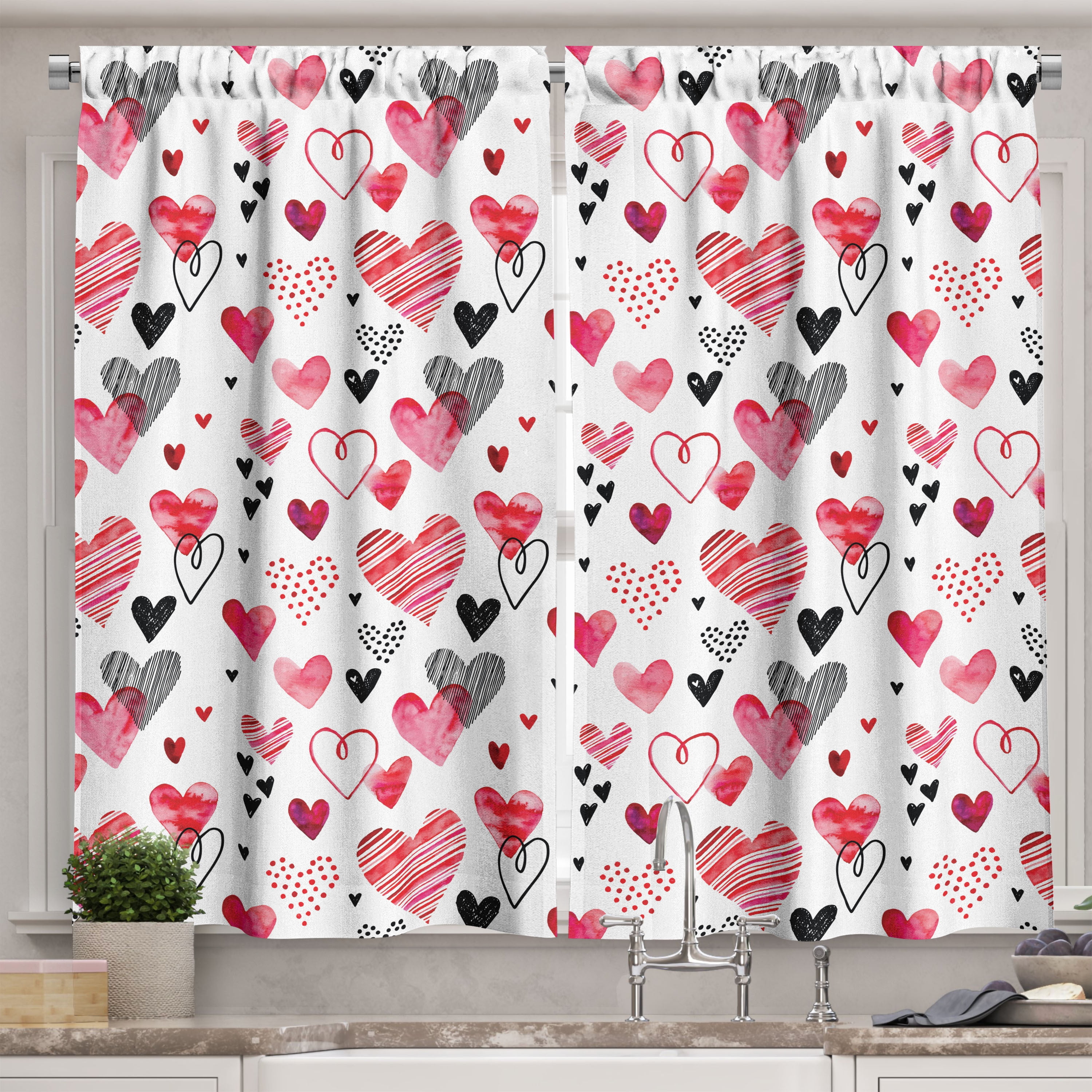 Ambesonne Valentines Kitchen Curtains, Doodle Heart Designs, 55"x39 ...