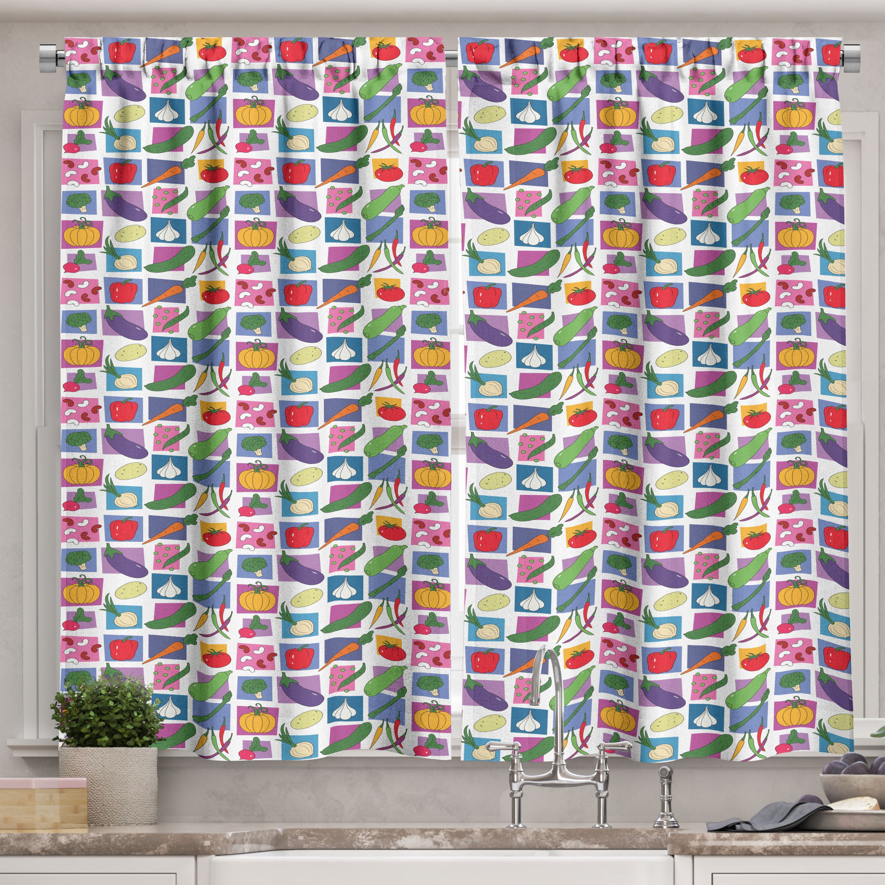 Ambesonne Vegetable Kitchen Curtains, Colorful Vegan Food, 55"x39 ...