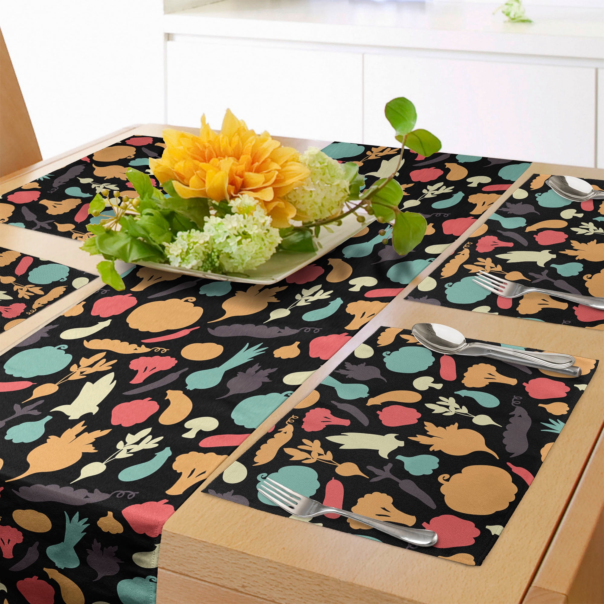 Ambesonne Vegetable Table Runner & Placemats, Silhouette of Veggies ...