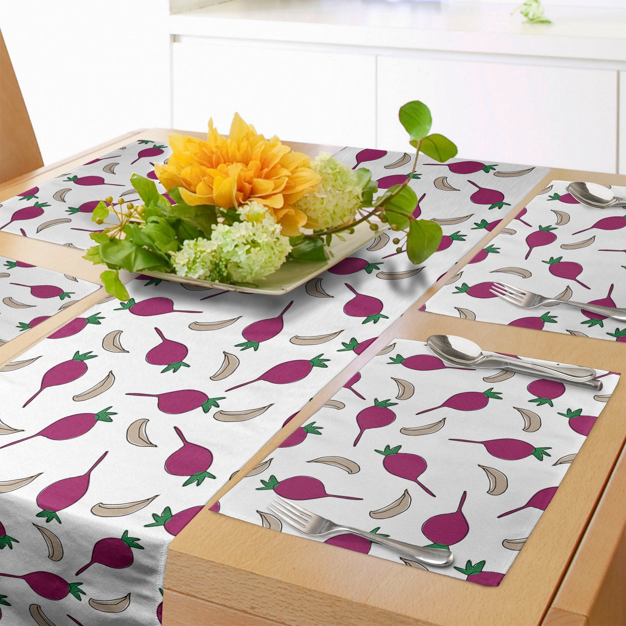 Ambesonne Vegetables Table Runner & Placemats, Cartoon Garlic and Beet ...