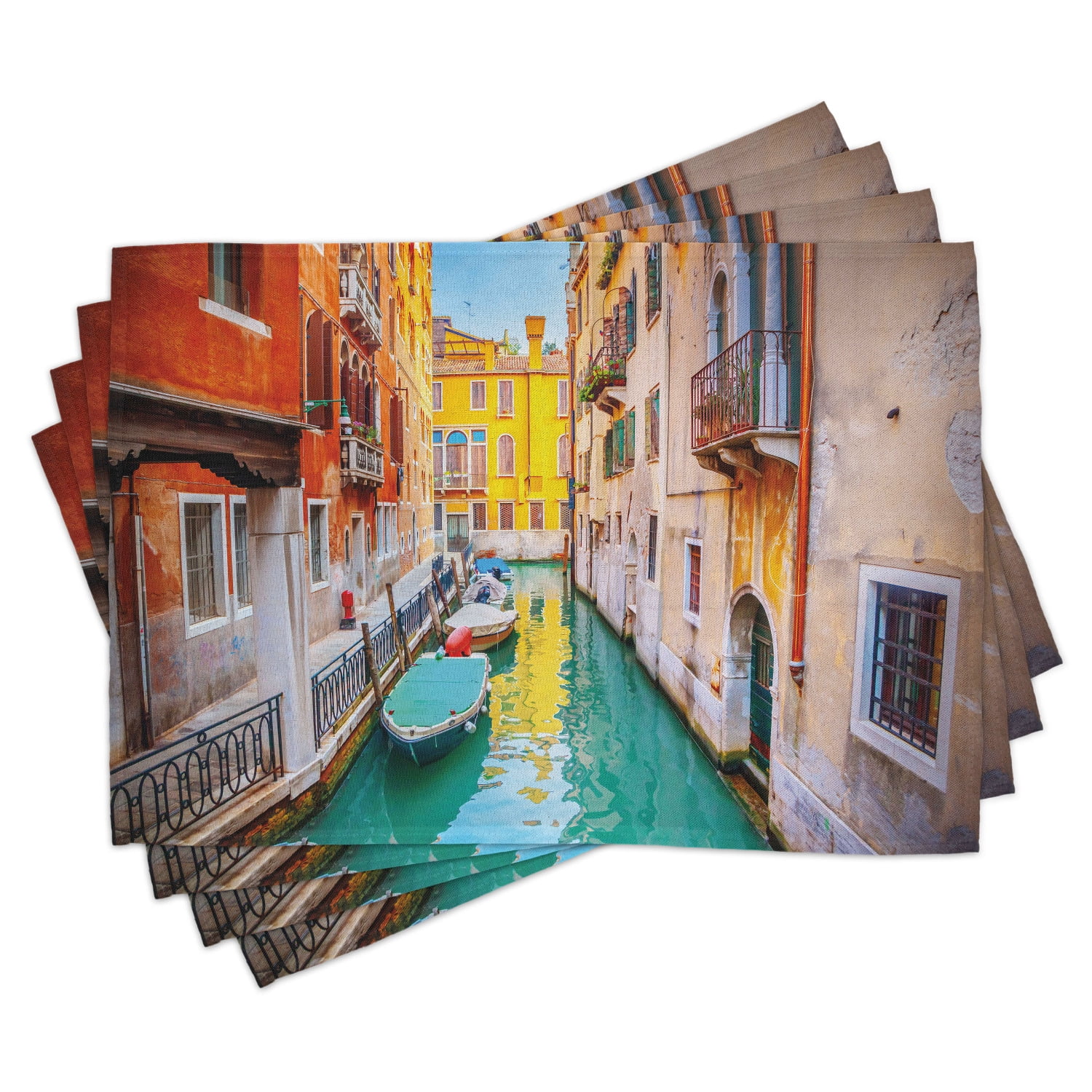 Ambesonne Venice Place Mats Set of 4, Vibrant Canal Gondolas, Standard ...