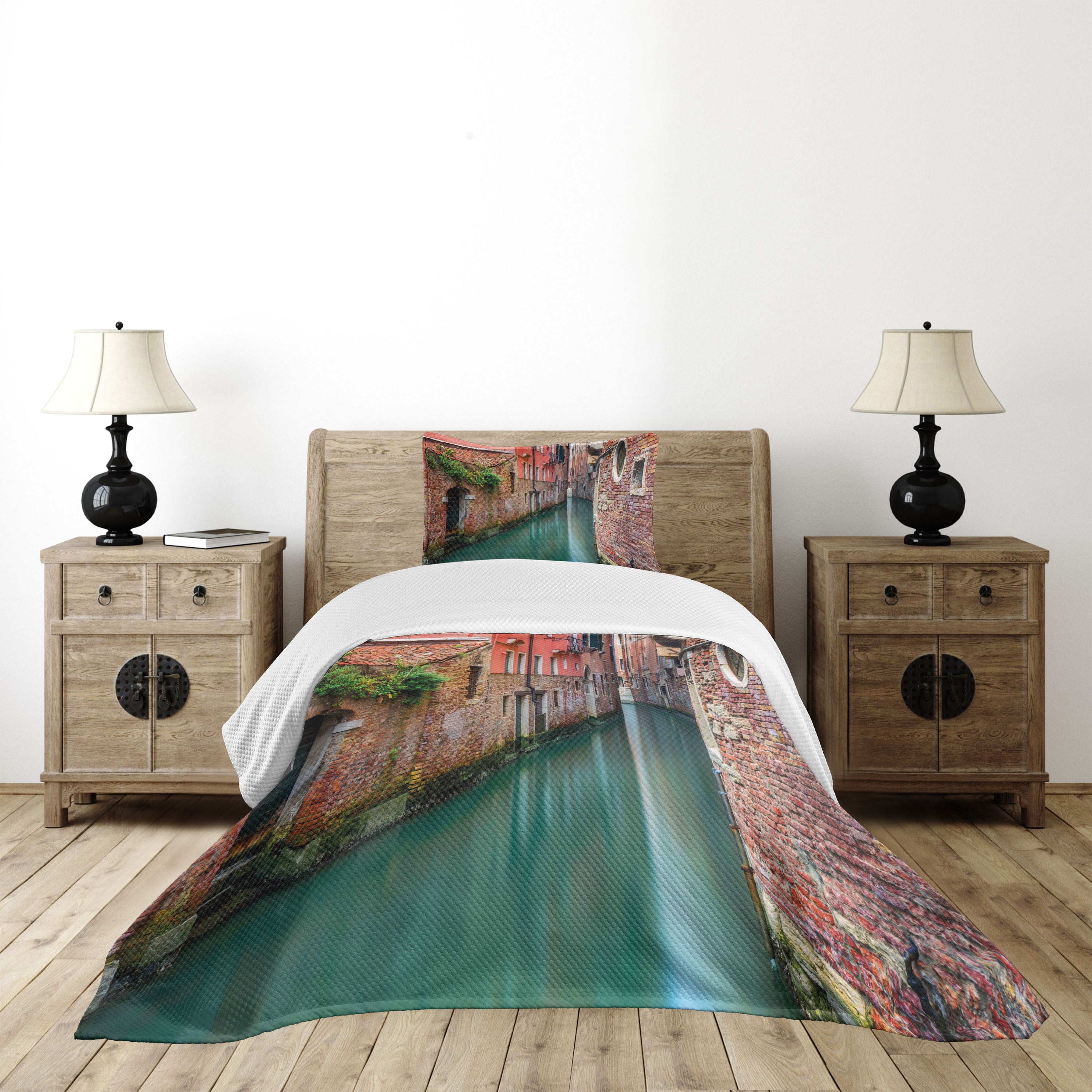 Ambesonne Venice Quilted Bedspread Set 2 Pcs, Scenic Canal Buildings ...