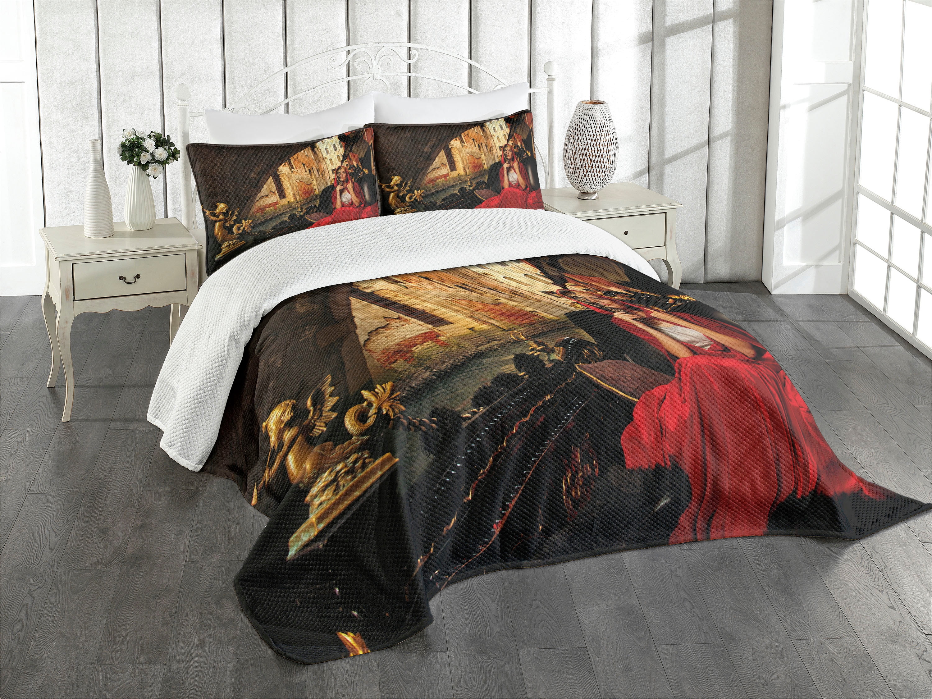 Ambesonne Venice Quilted Bedspread Set 3 Pcs, Woman in Red Cloak, King ...