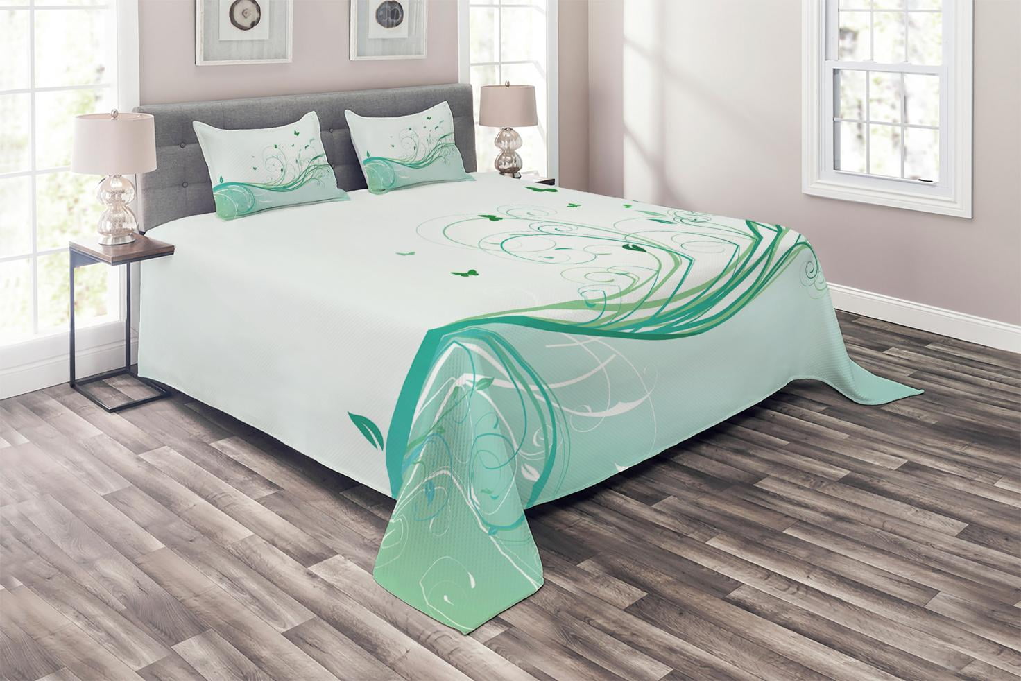 Ambesonne Victorian Quilted Coverlet 3 Pcs, Curvy Lines Wave Flowers ...