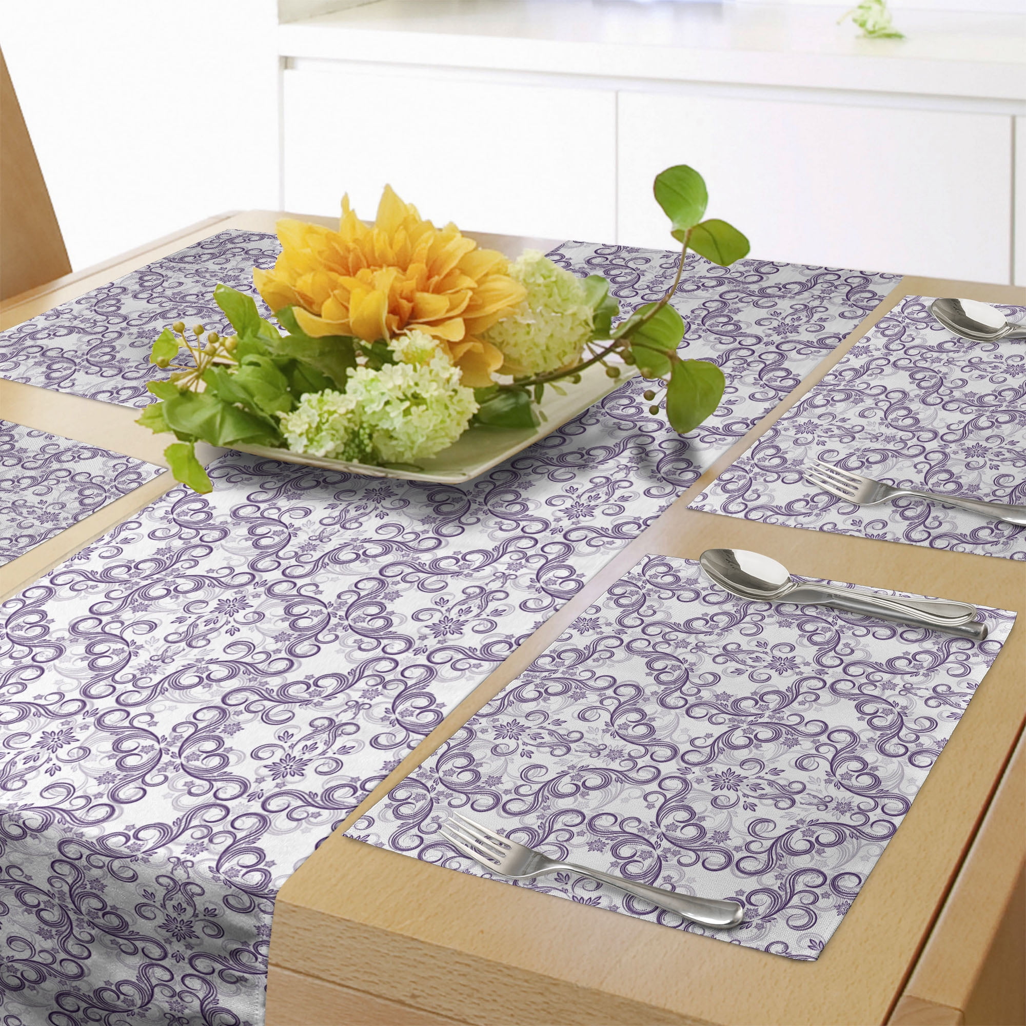 Ambesonne Victorian Table Runner & Placemats, Baroque Floral Swirls ...
