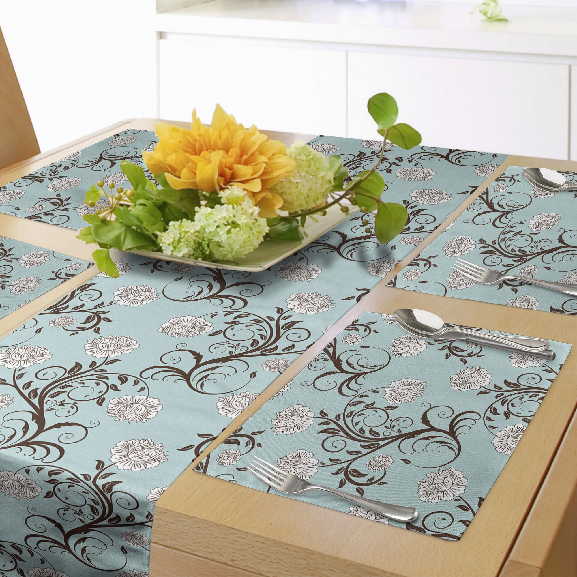 Ambesonne Victorian Table Runner & Placemats, Vintage Floral Stalks ...