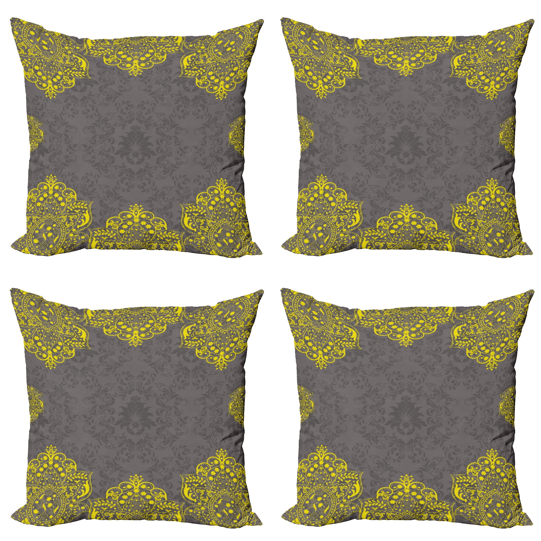 Ambesonne Victorian Throw Pillow Cover 4 Pack, Yellow Grey Florals, 16 ...