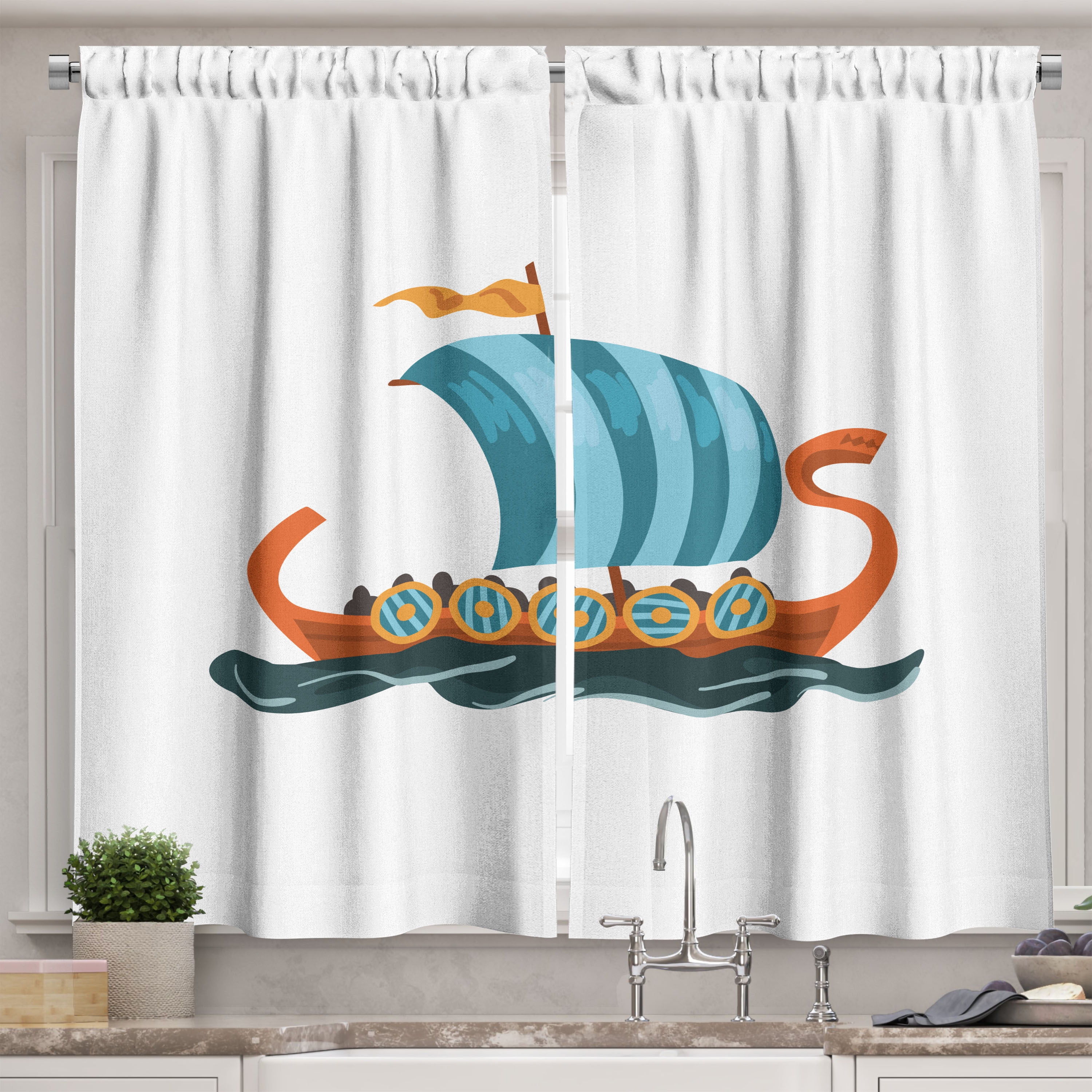 Ambesonne Viking Kitchen Curtains, Nordish Boat Dragon Head, 55"x45 ...