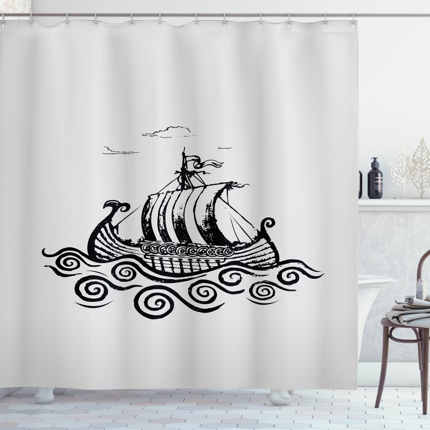 Ambesonne Viking Shower Curtain, Ship with Whirlpool Waves, 69"Wx70"L ...