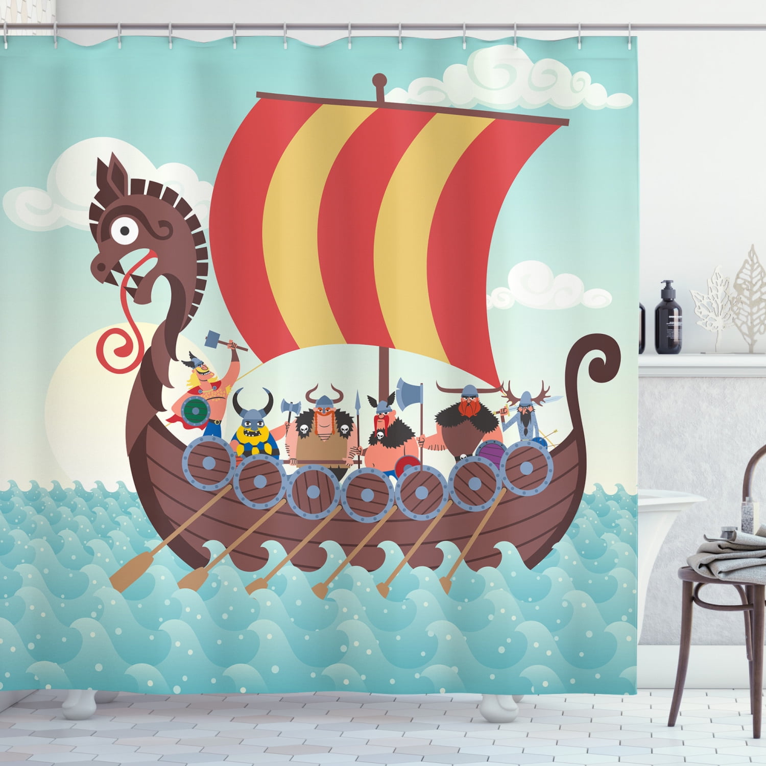 Ambesonne Vikings Shower Curtain, Dragon Ship and Characters, 69"Wx84"L ...