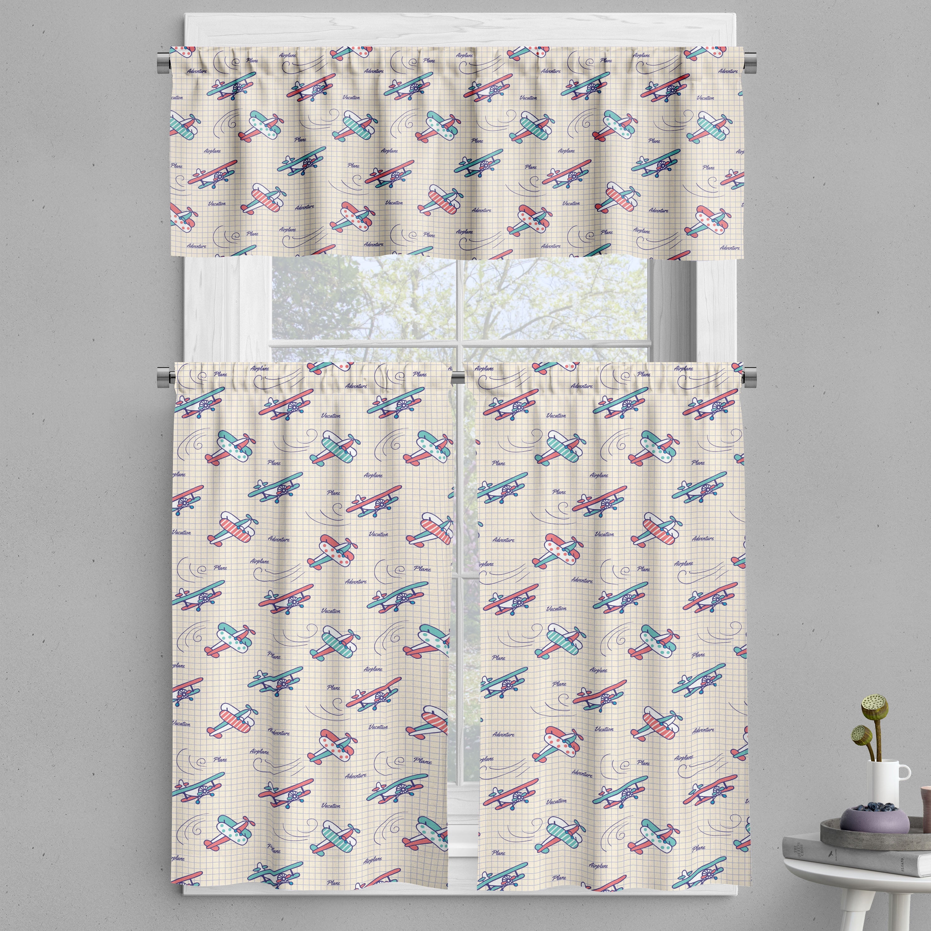 Ambesonne Vintage Airplane Valance & Curtain, Retro Doodles, 55"x45 ...