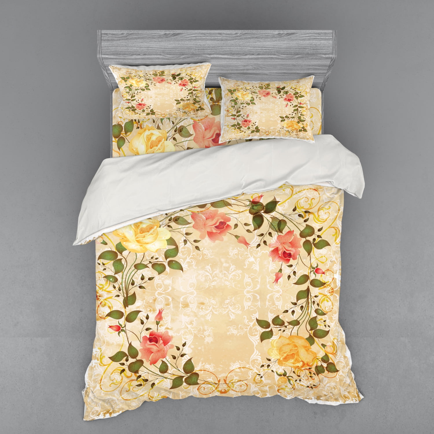 Ambesonne Vintage Bedding Set 4 Pcs, Leaves Roses Floral, Queen, Yellow ...