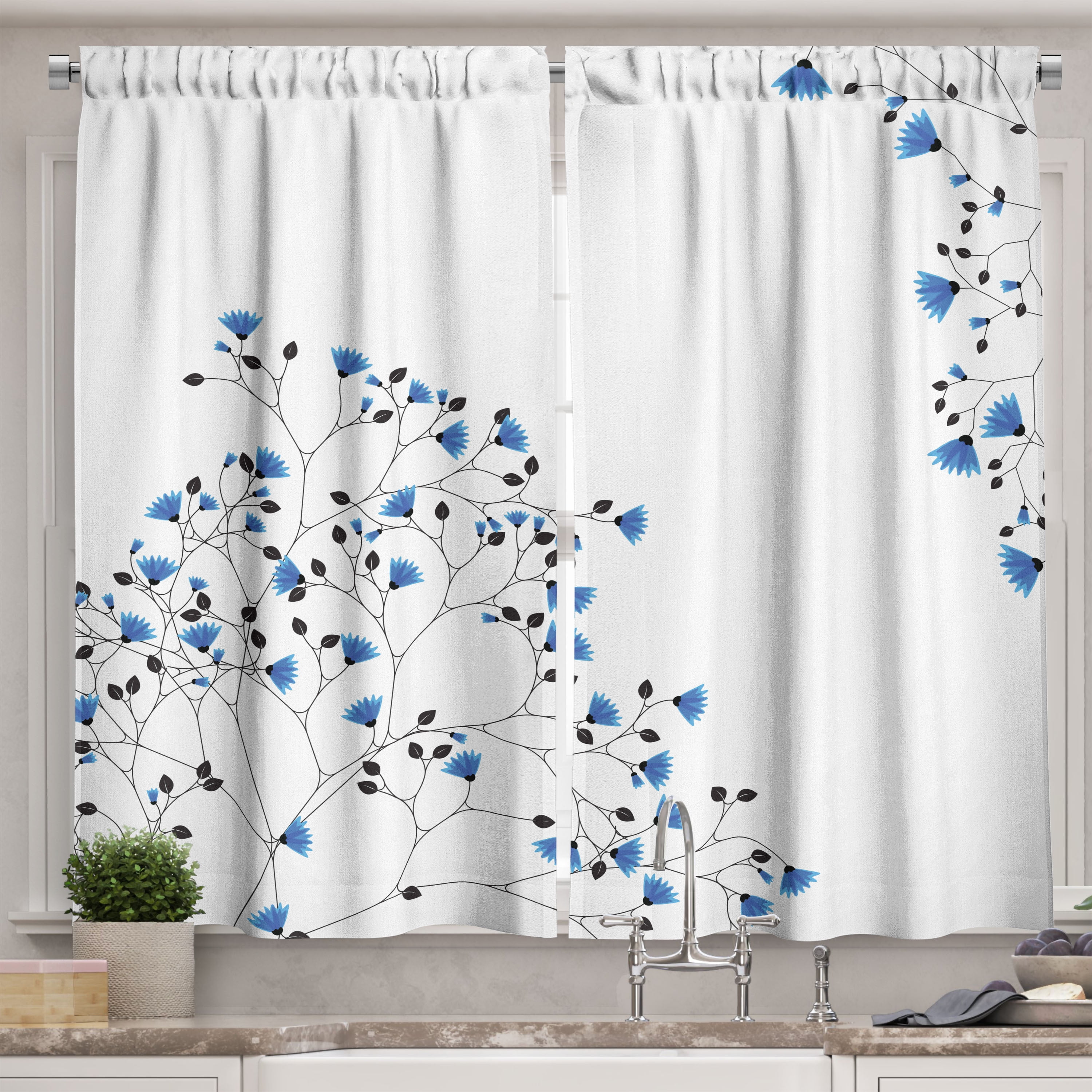 Ambesonne Vintage Blue Kitchen Curtains, Anemone Blanda, 55"x39", Blue ...