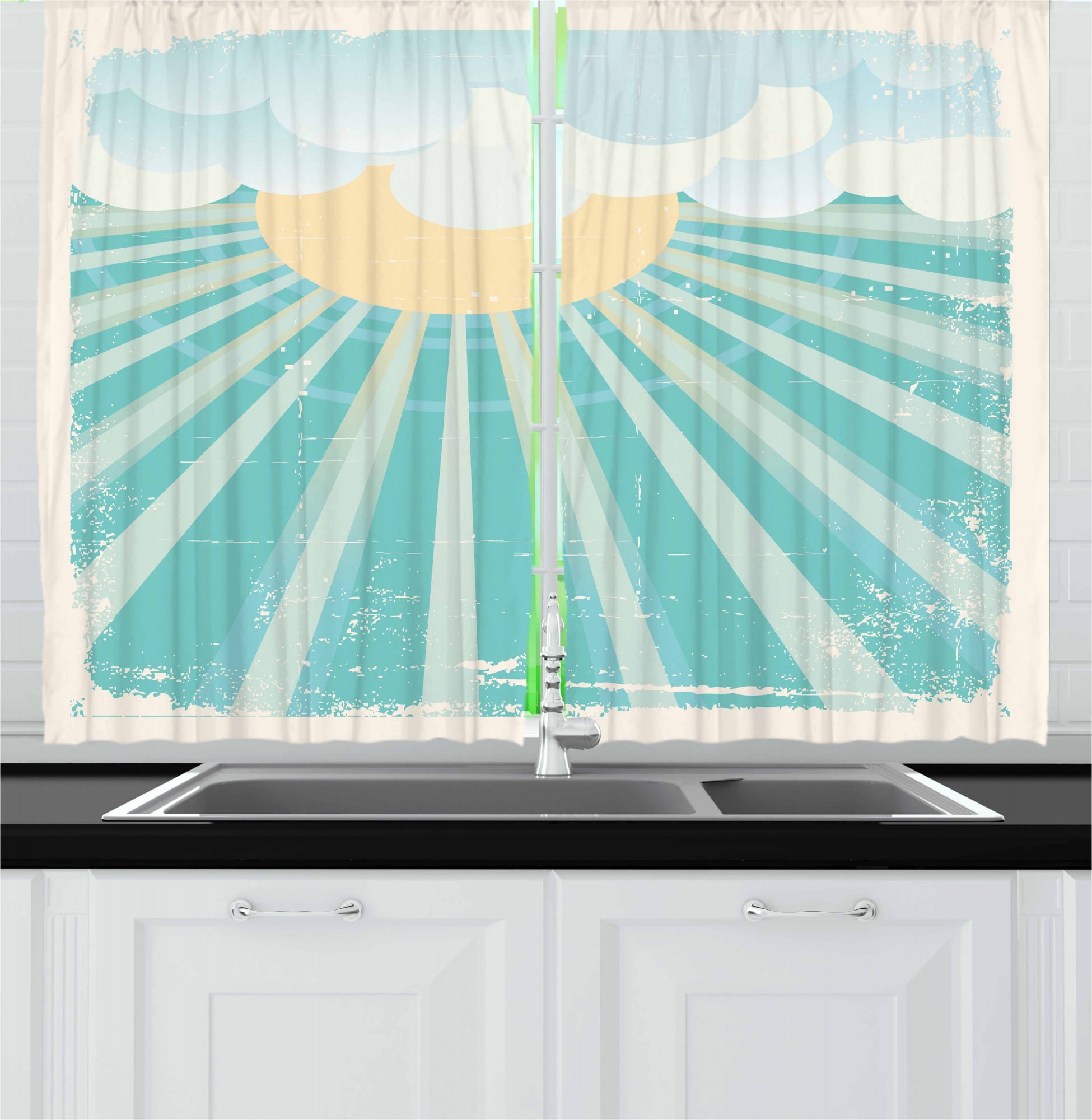 Ambesonne Vintage Blue Kitchen Curtains, Sun Rays Clouds, 55"x45", Pale ...
