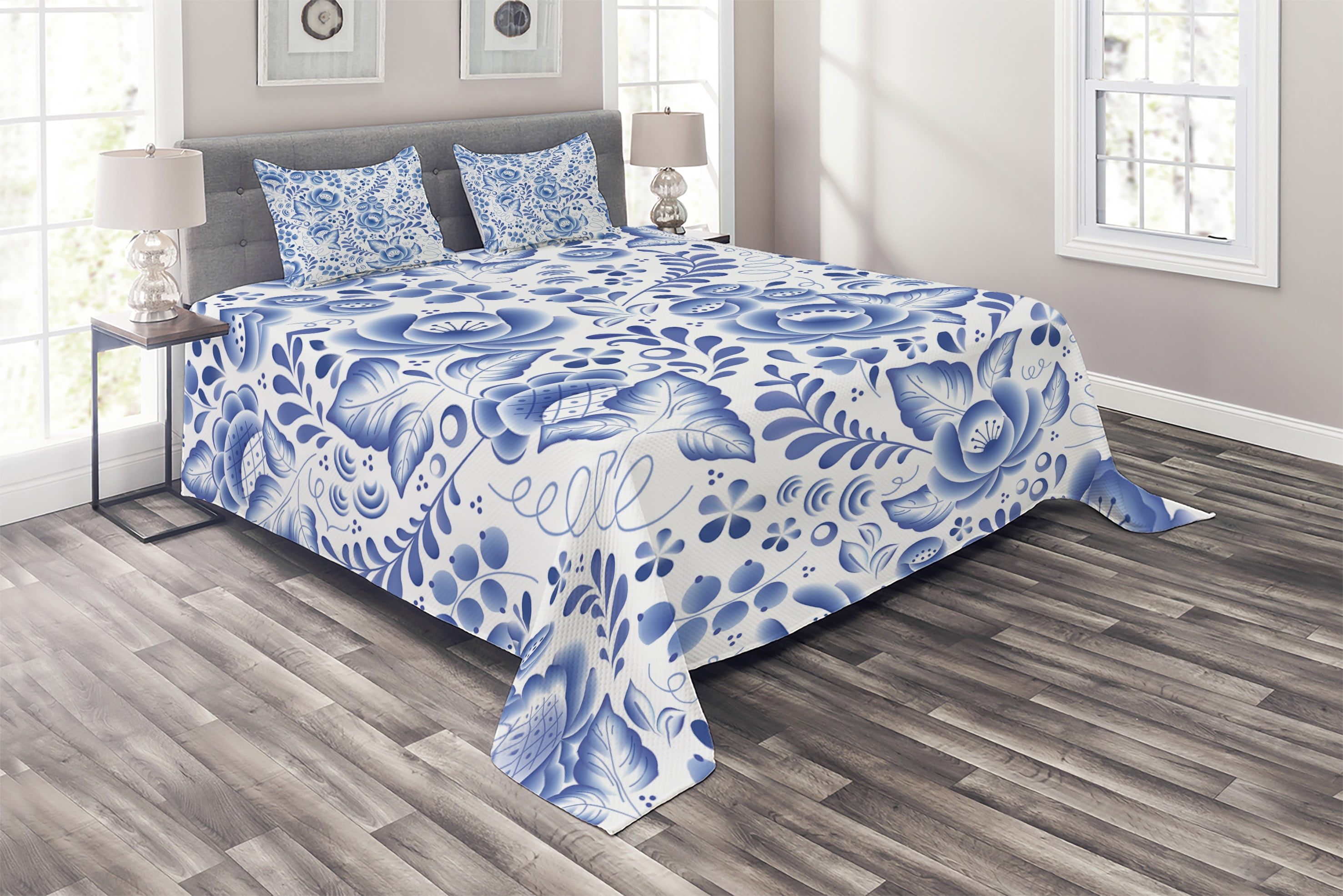 Ambesonne Vintage Blue Quilted Coverlet 3 Pcs, Porcelain Pattern, King ...