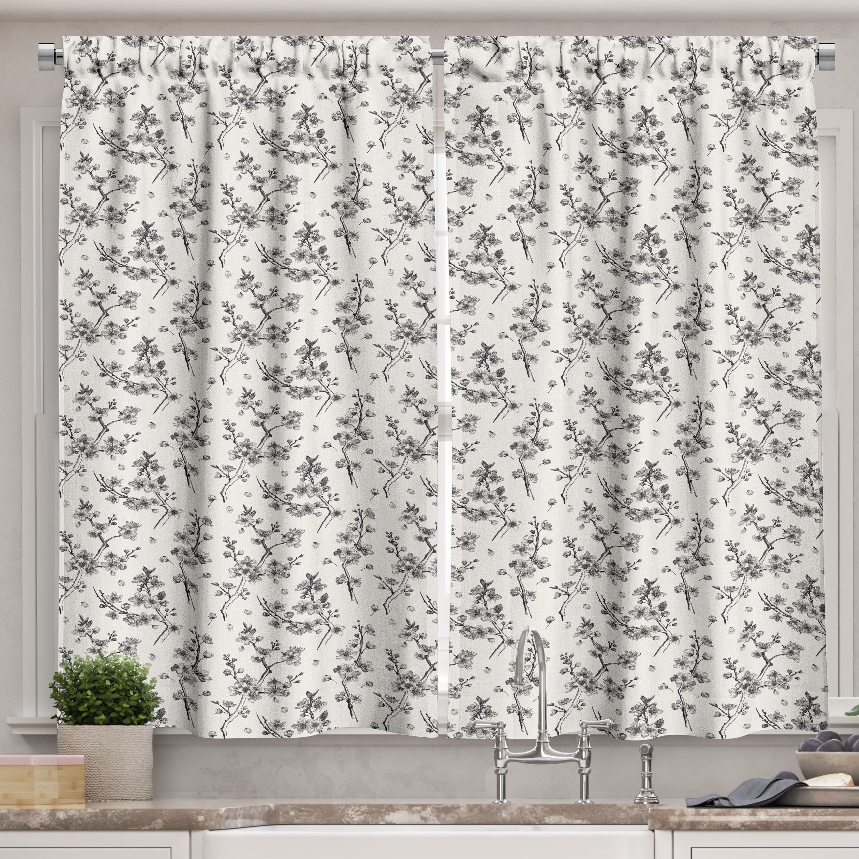 Ambesonne Vintage Botany Kitchen Curtains, Sakura Bloom Sketch, 55"x45 ...