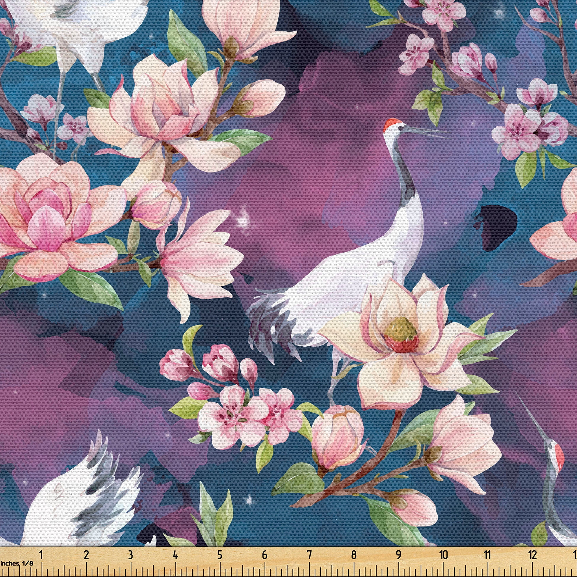 Ambesonne Vintage Fabric by the Yard Upholstery, Crane Birds Flowers ...