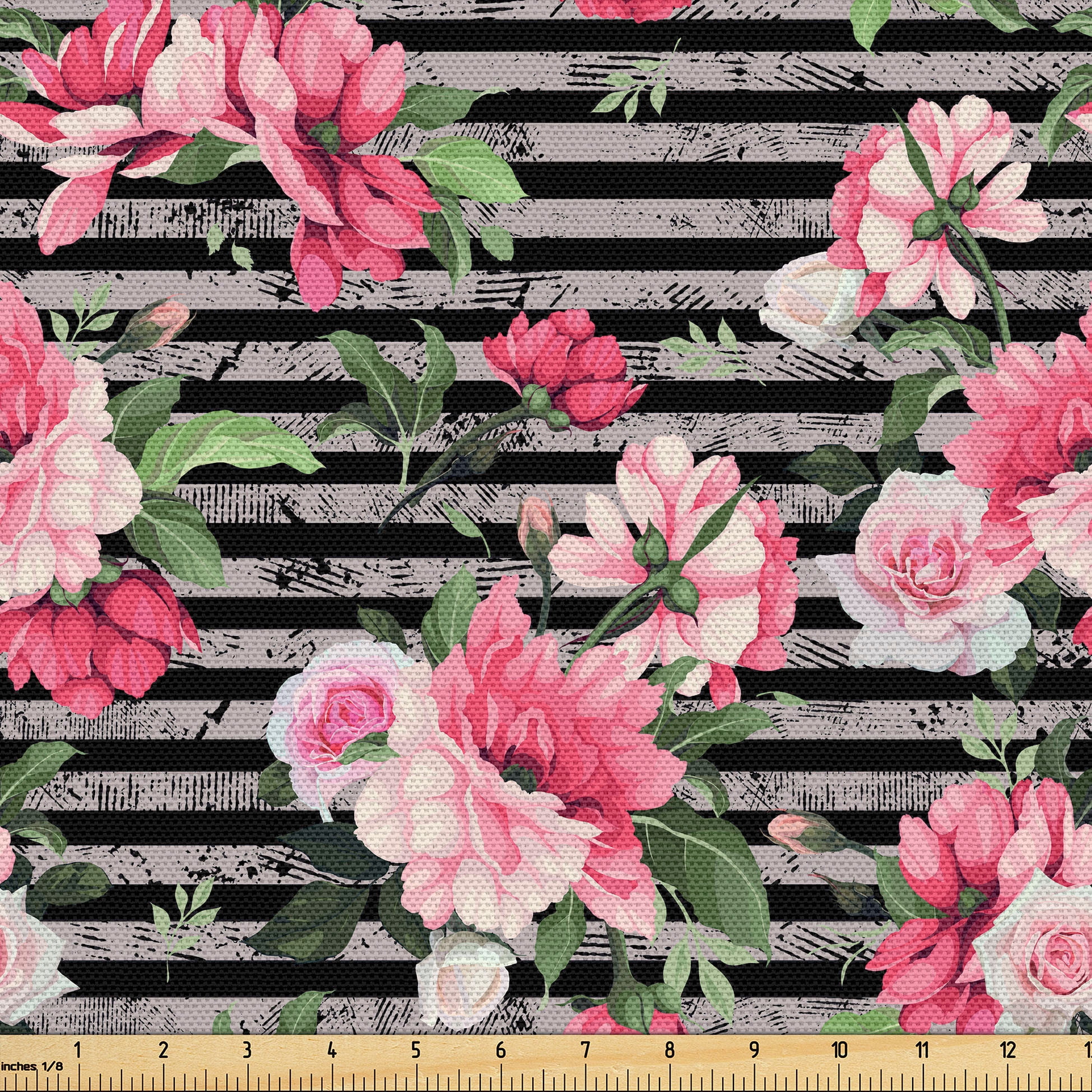 Ambesonne Vintage Fabric by the Yard Upholstery, Roses Horizontal Lines ...
