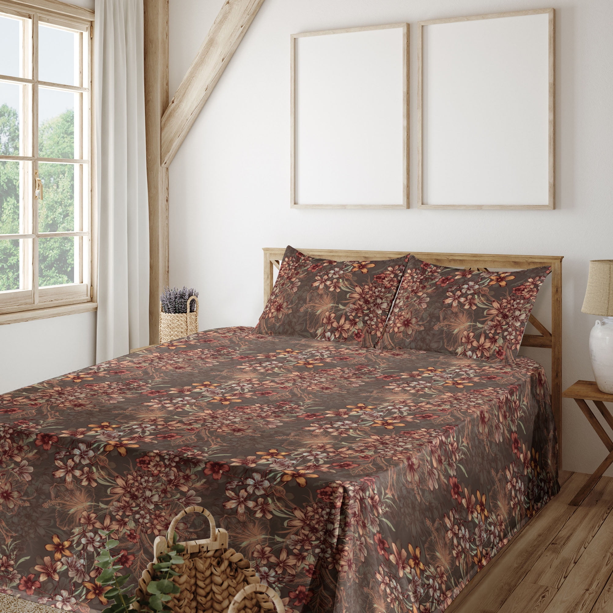 Ambesonne Vintage Fitted & Flat Sheet with Shams 4 Pcs Set, Flora ...