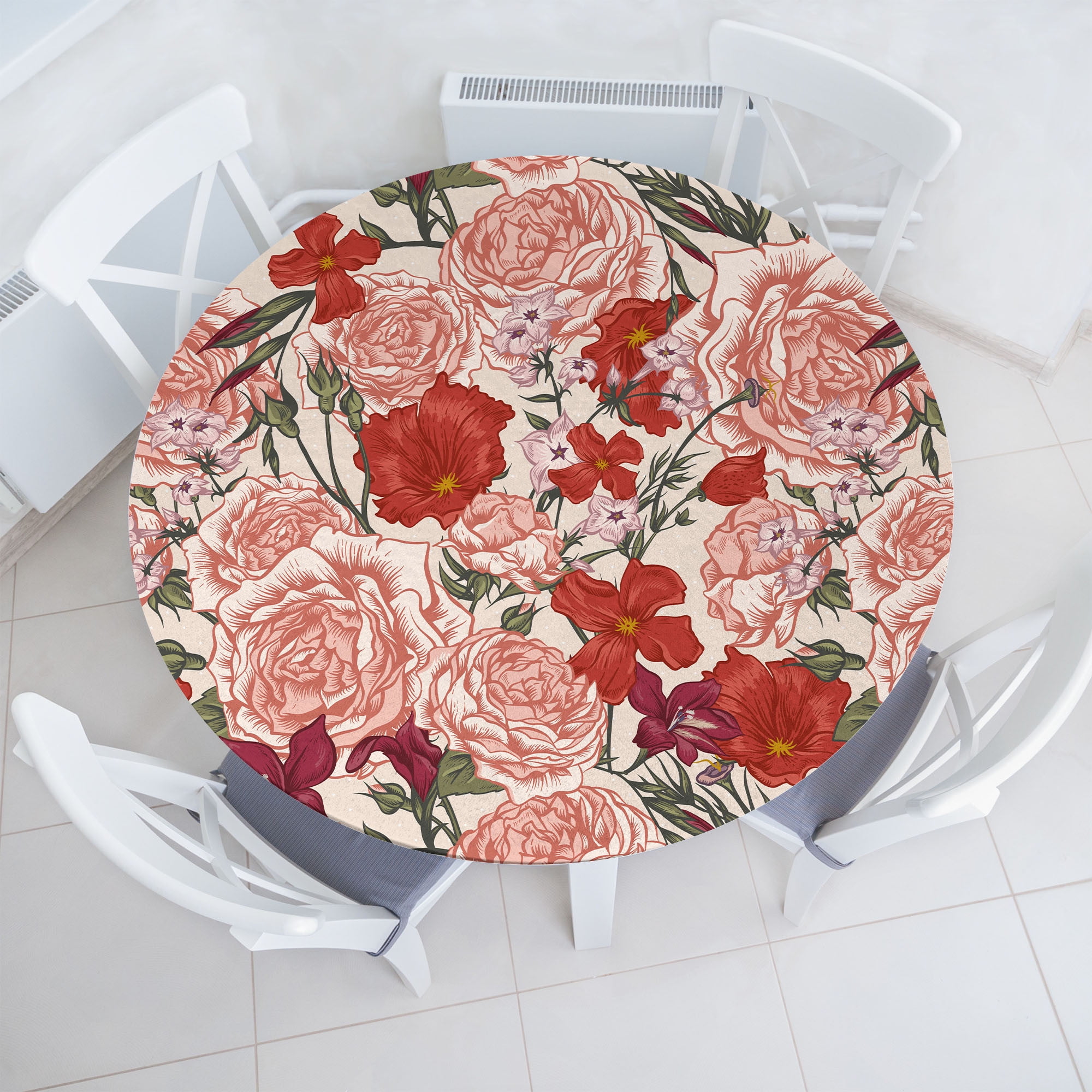 Ambesonne Vintage Fitted Round Tablecloth, Art Roses Nostalgic Pattern ...