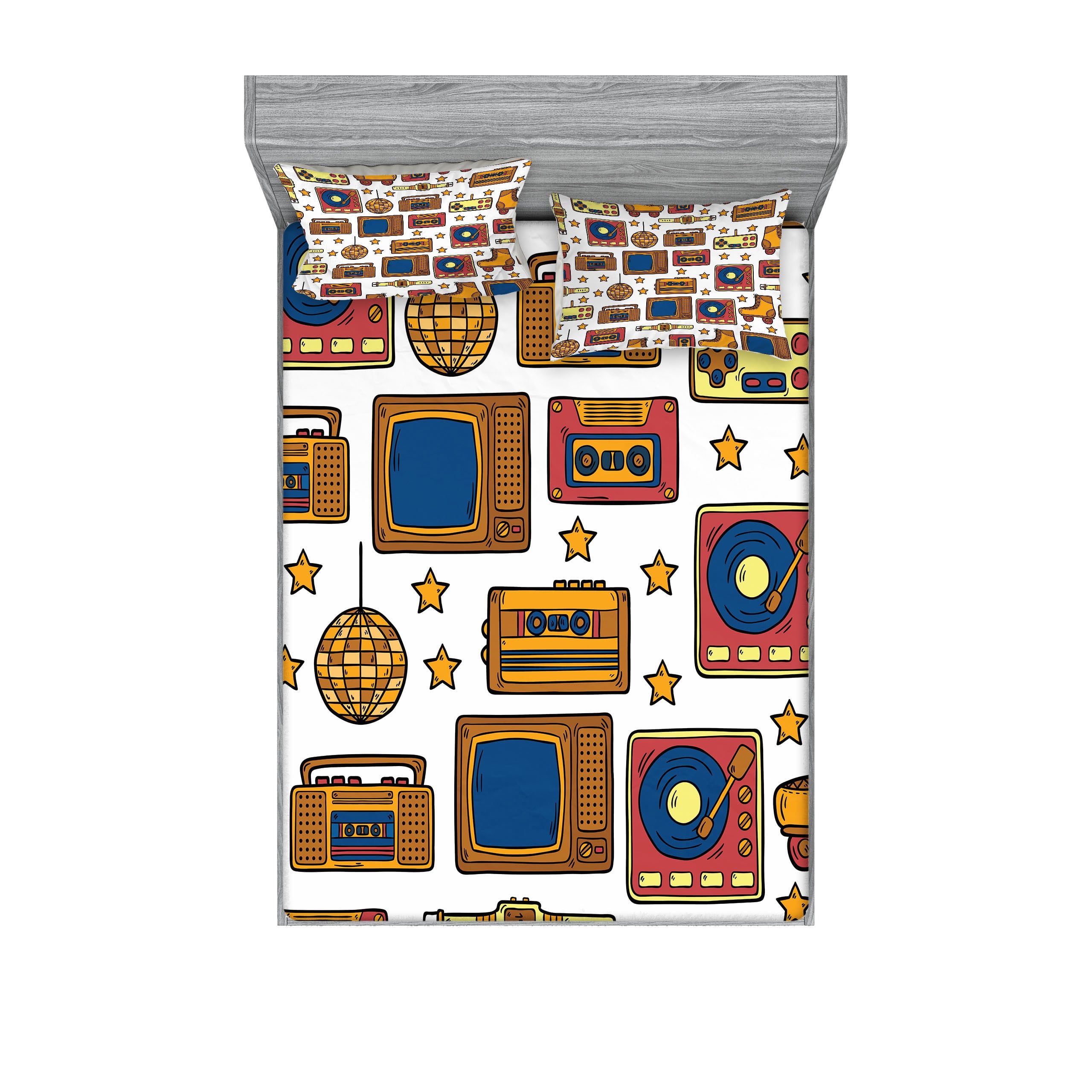 Ambesonne Vintage Fitted Sheet & Pillow Sham Set, 90s Theme Retro Fun ...