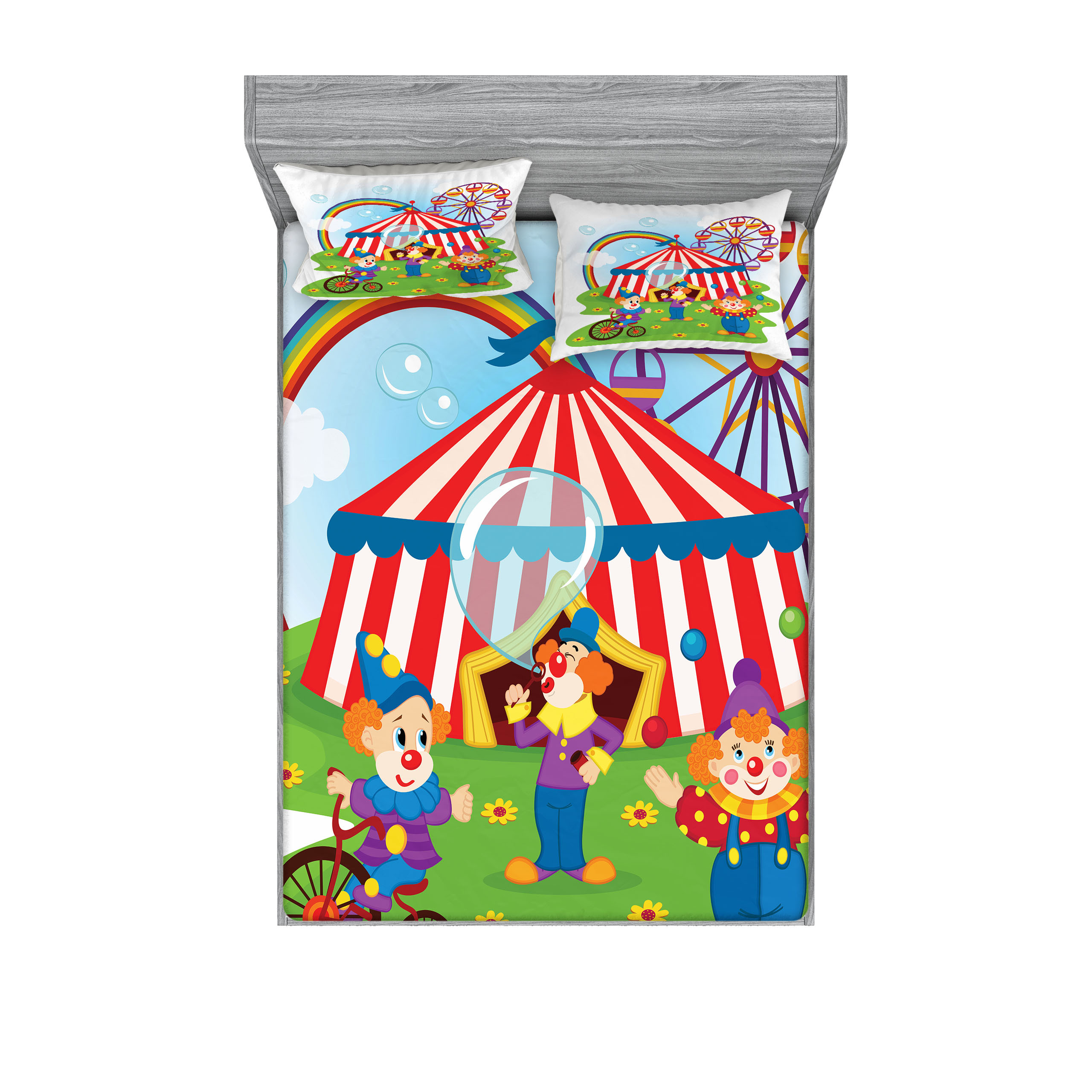 Ambesonne Vintage Fitted Sheet & Pillow Sham Set, Fun Circus Scene ...