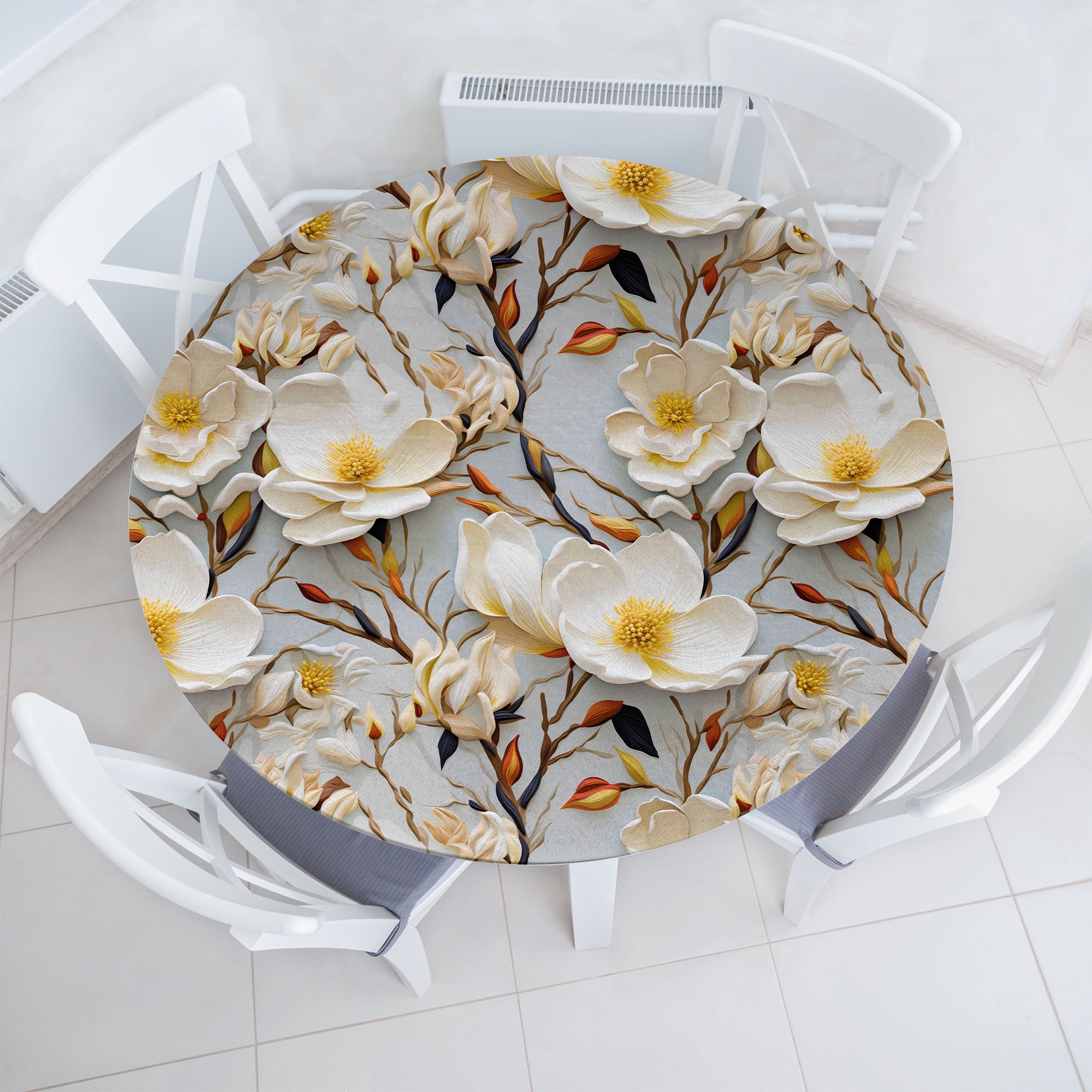 Ambesonne Vintage Floral Fitted Round Tablecloth, Magnolia Flower Plot ...