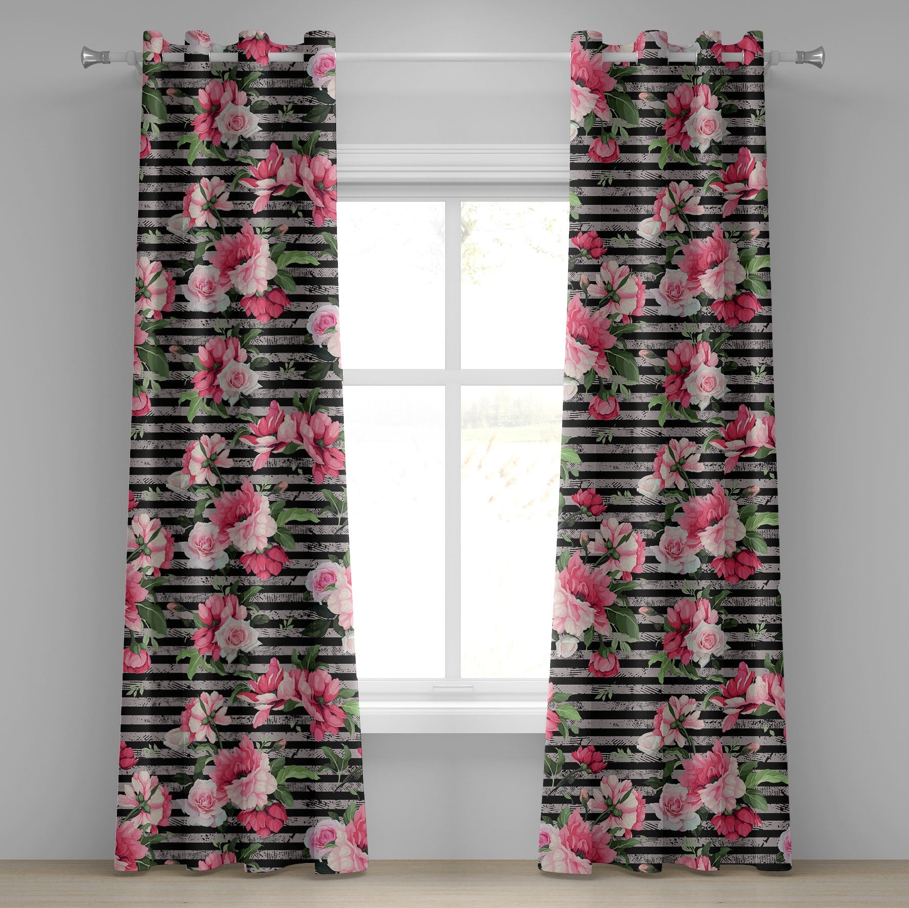 Ambesonne Vintage Grommet Curtain, Roses Horizontal Lines Art, 50"x72 ...