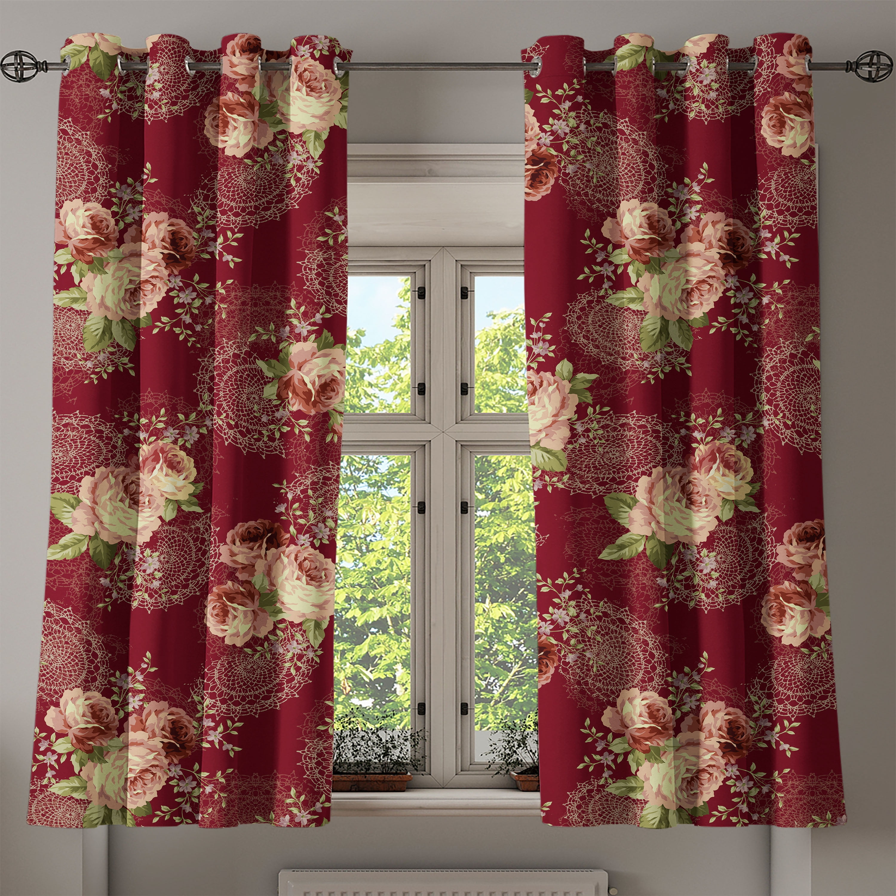 Ambesonne Vintage Grommet Curtain, Roses Leaves Floral Plot, 50"x60 ...