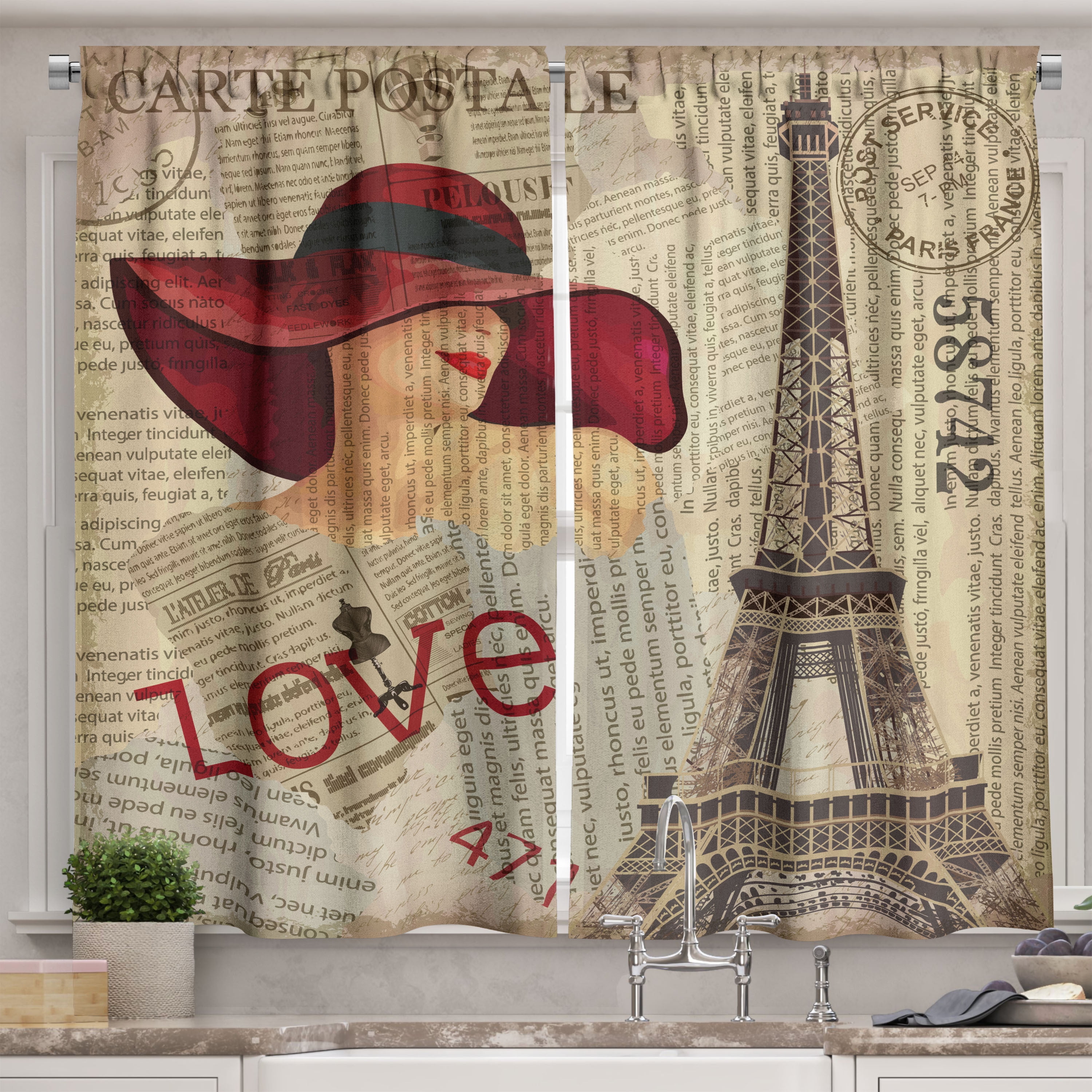 Ambesonne Vintage Kitchen Curtains, Paris Romantic Script Art, 55"x39 ...