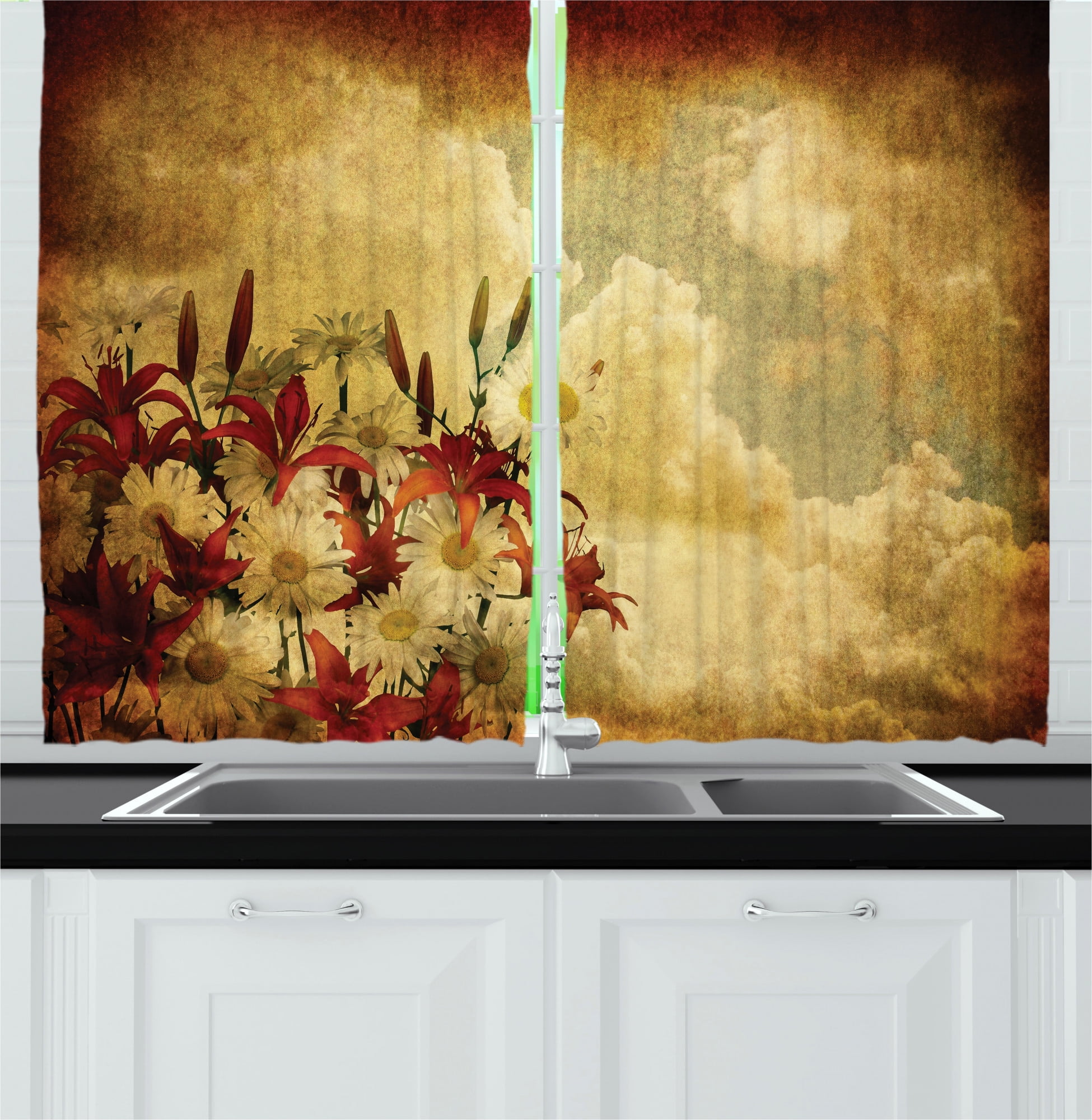 Ambesonne Vintage Kitchen Curtains, Retro Flower Chamomile, 55"x45 ...