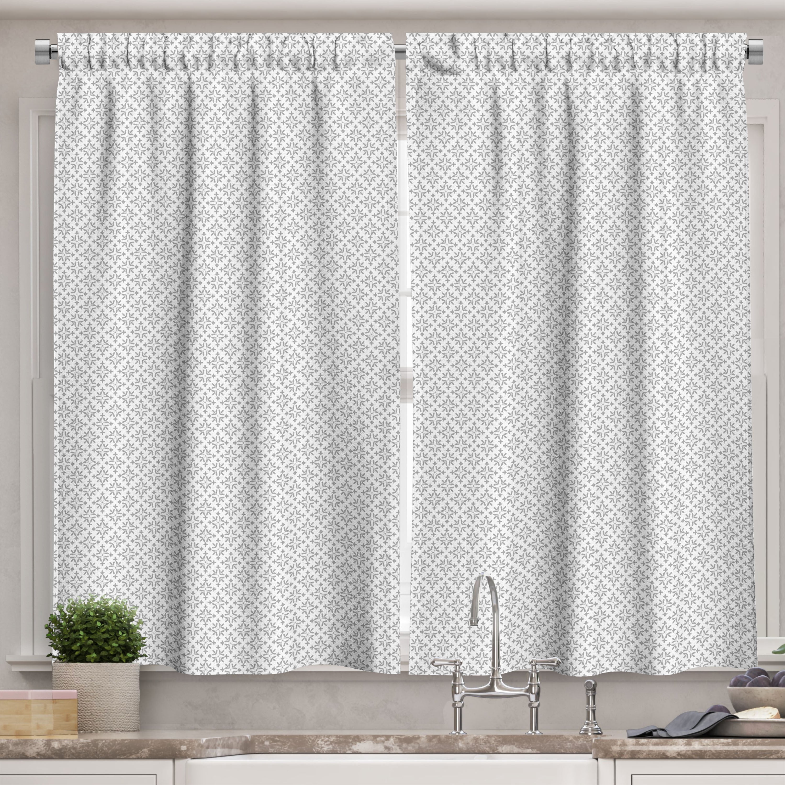 Ambesonne Vintage Kitchen Curtains, Simplified Retro Floral Art, 55"x39 ...