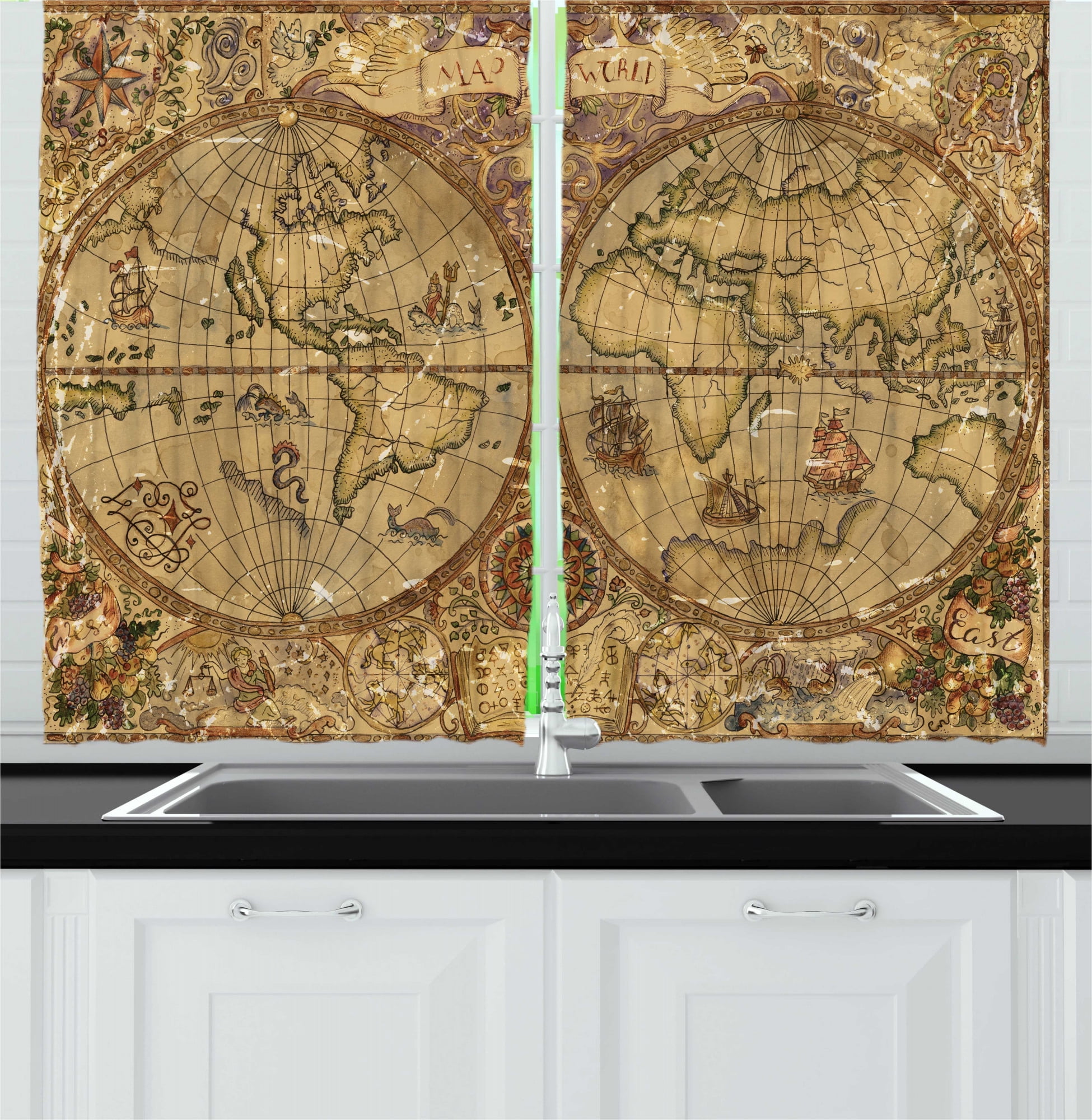 Ambesonne Vintage Kitchen Curtains, Travel Adventure World Map, 55"x45 ...