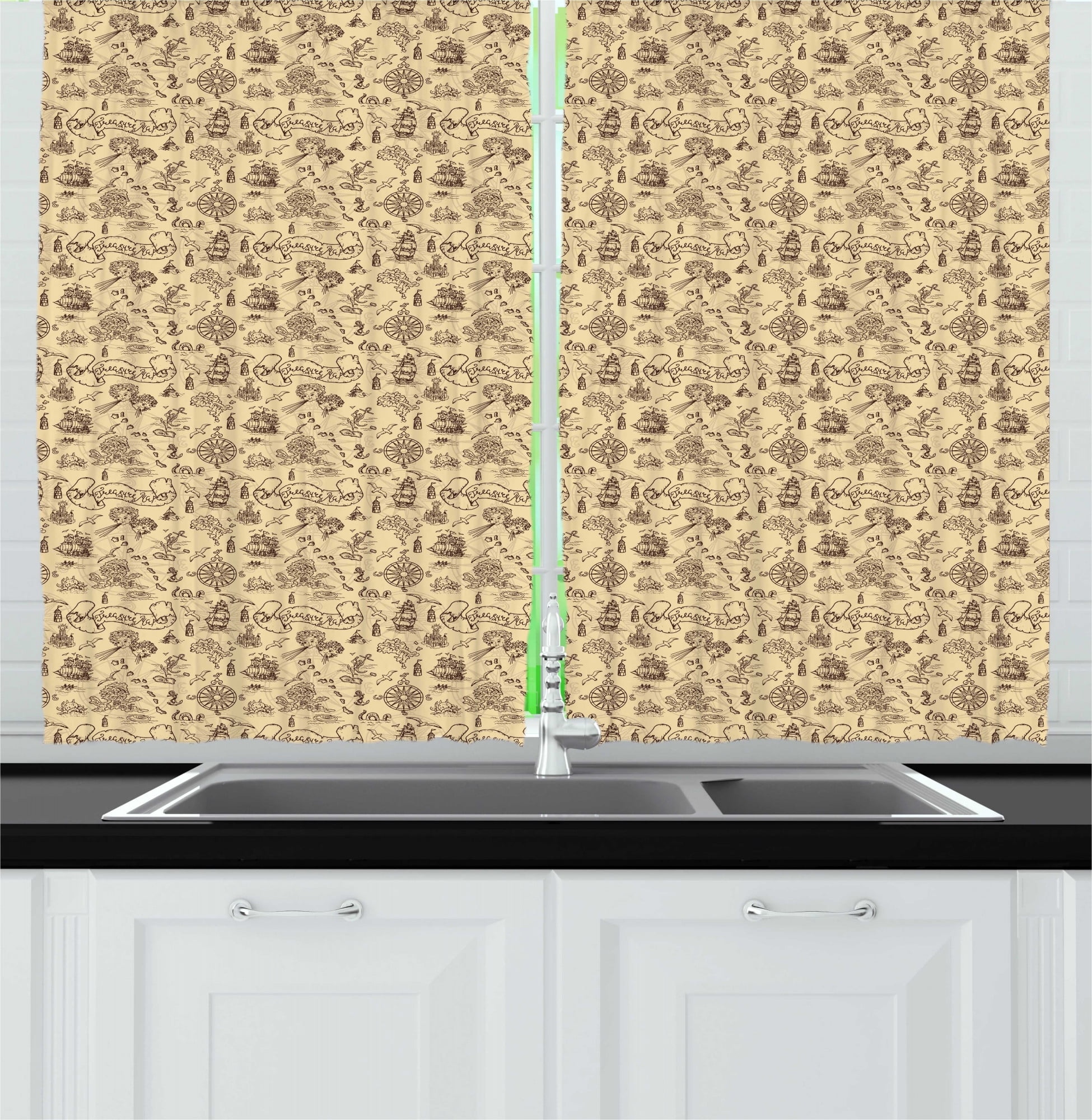 Ambesonne Vintage Mermaid Kitchen Curtains, Adventure Map Art, 55"x45 ...