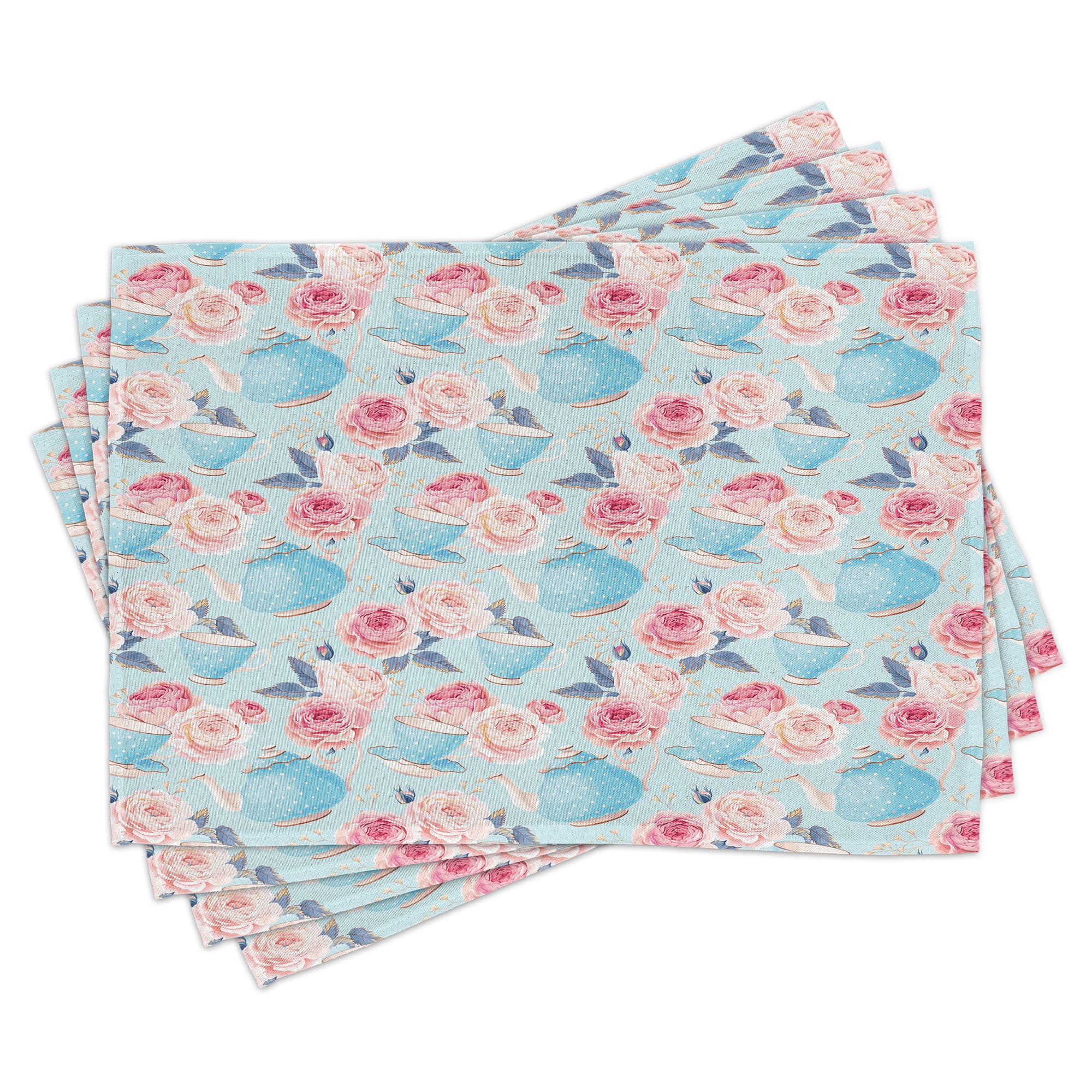 Ambesonne Vintage Place Mats Set of 4, Flowers Roses Teapot, Standard ...