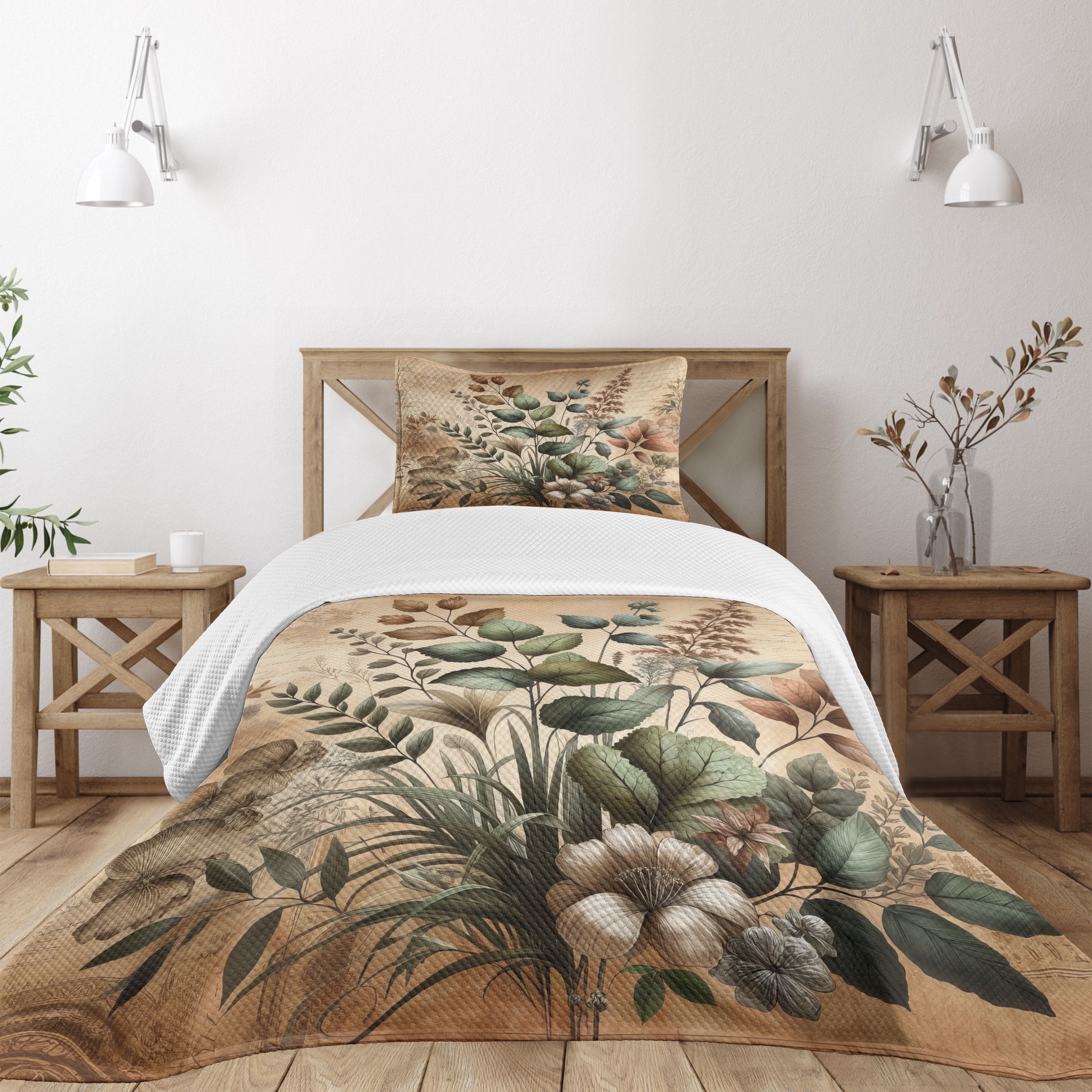 Ambesonne Vintage Quilted Bedspread Set 2 Pcs, Medieval Botany Leafy ...