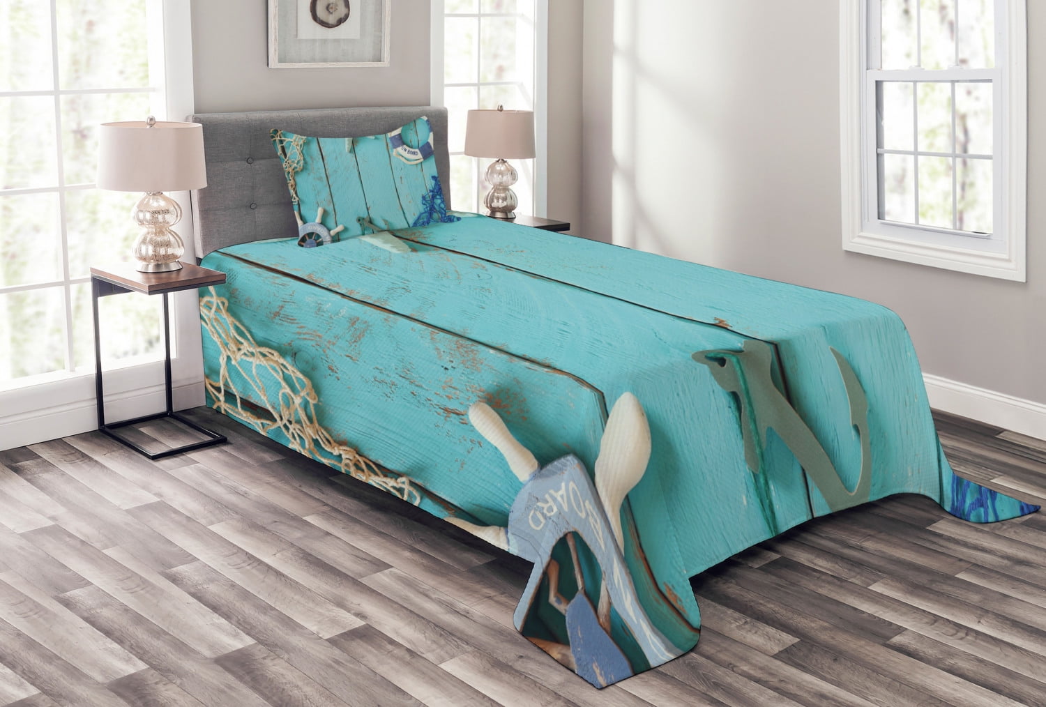 Ambesonne Vintage Quilted Bedspread Set 2 Pcs, Nautical Ocean Scenery ...