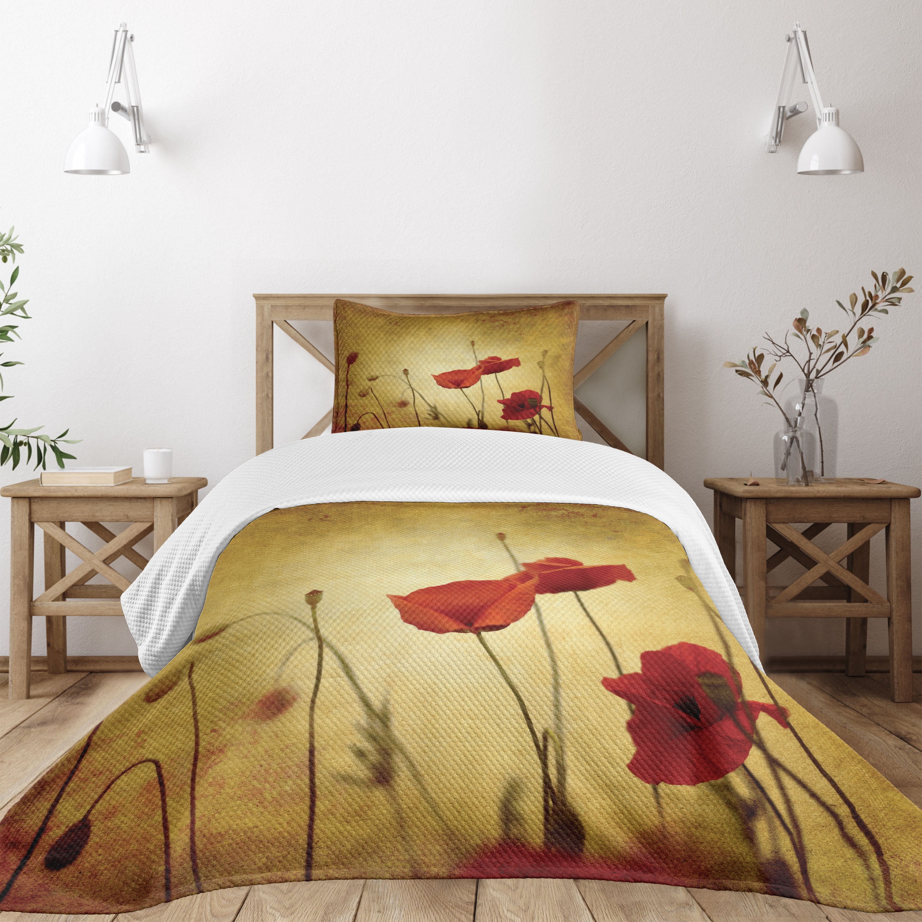 Ambesonne Vintage Quilted Bedspread Set 2 Pcs, Poppy Flowers Bohemian ...