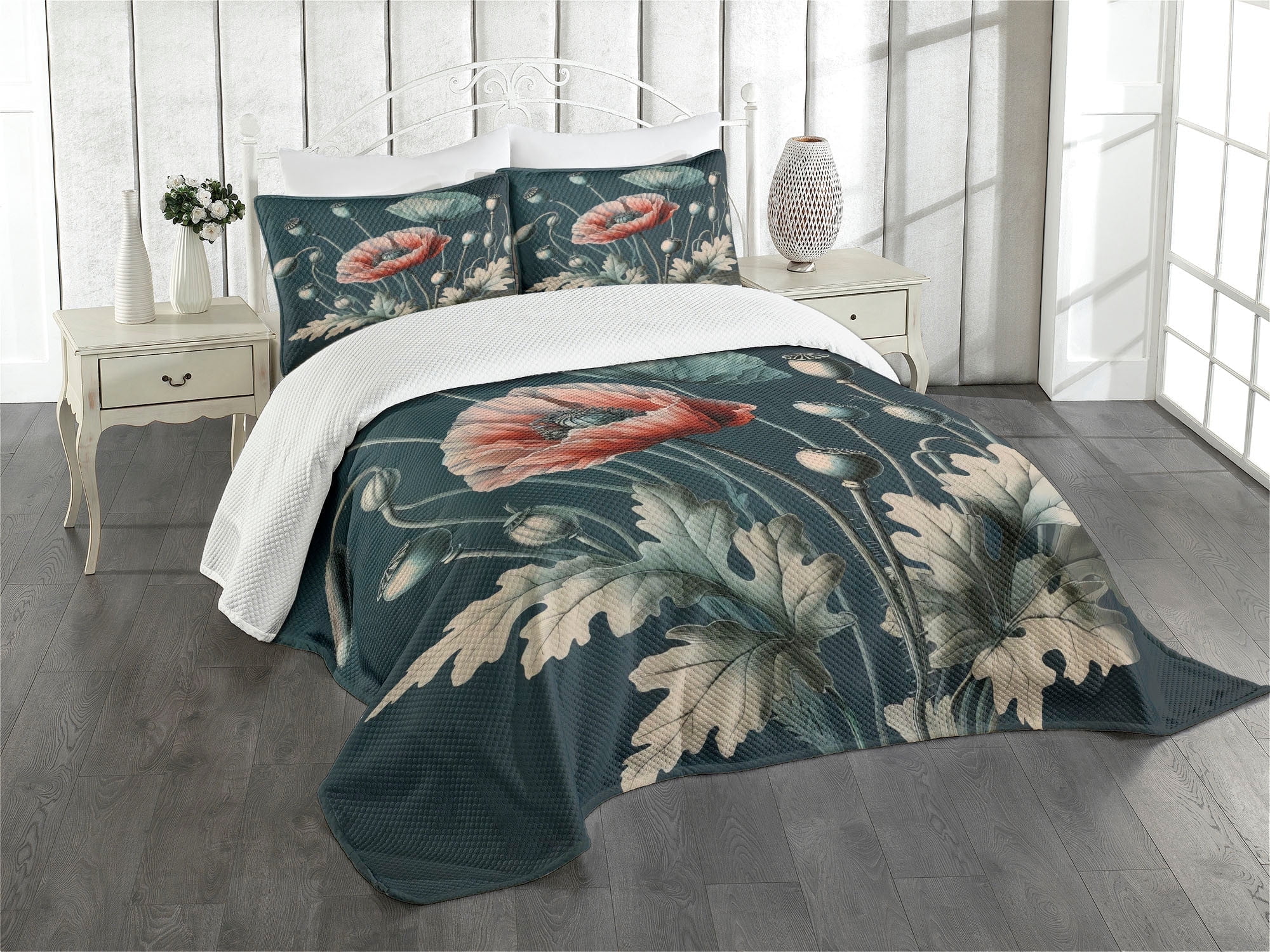 Ambesonne Vintage Quilted Bedspread Set 3 Pcs, Jungle Greenery Poppy ...