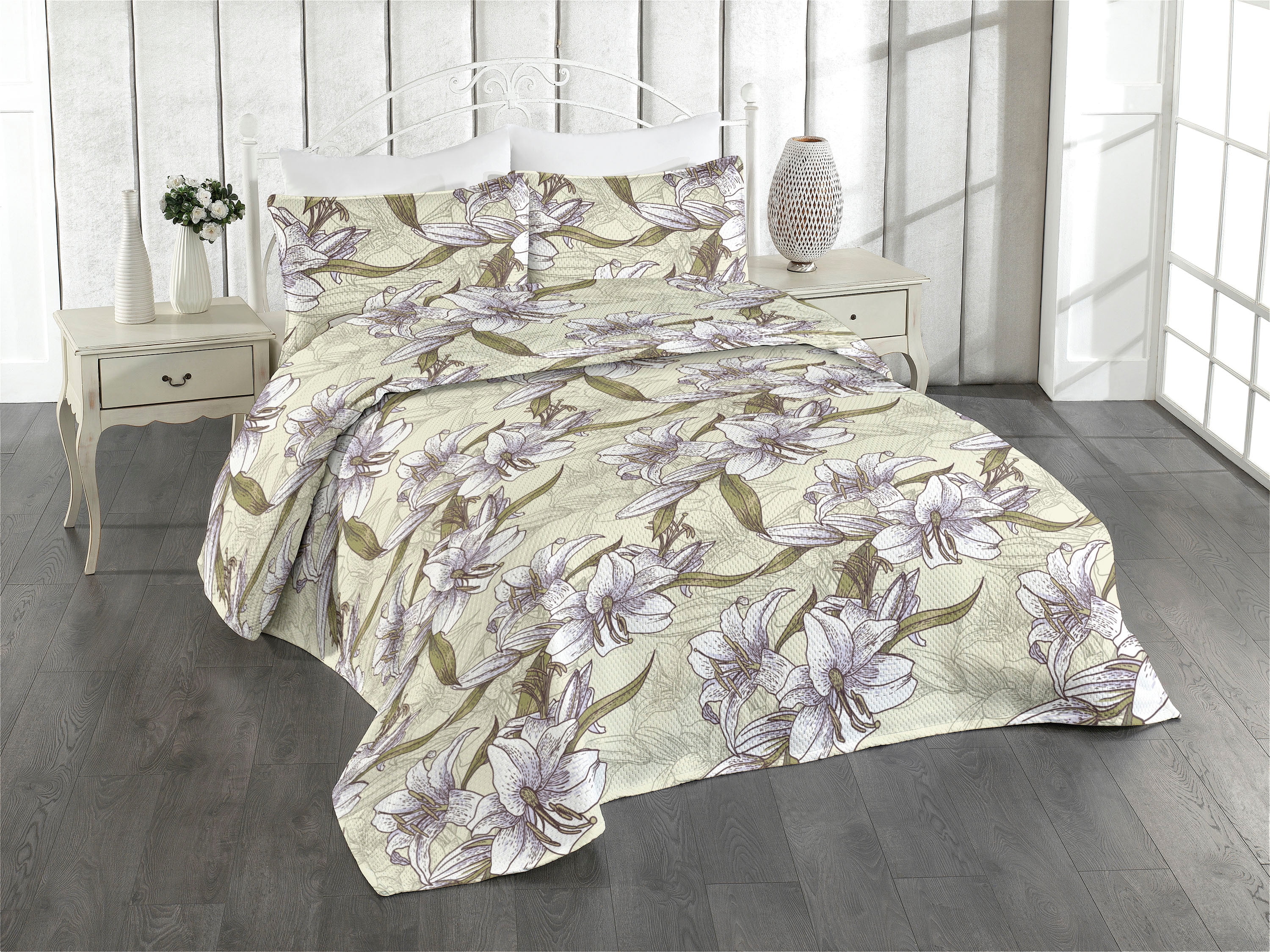 Ambesonne Vintage Quilted Bedspread Set 3 Pcs, Lily Flowers Leaves ...