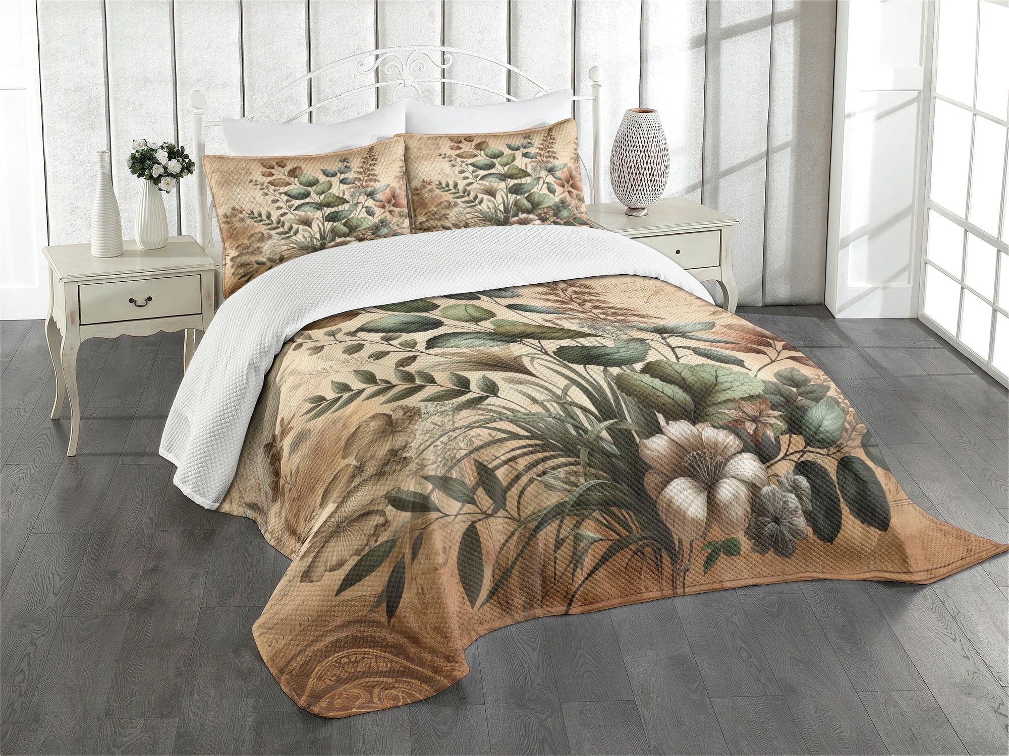 Ambesonne Vintage Quilted Bedspread Set 3 Pcs, Medieval Botany Leafy ...