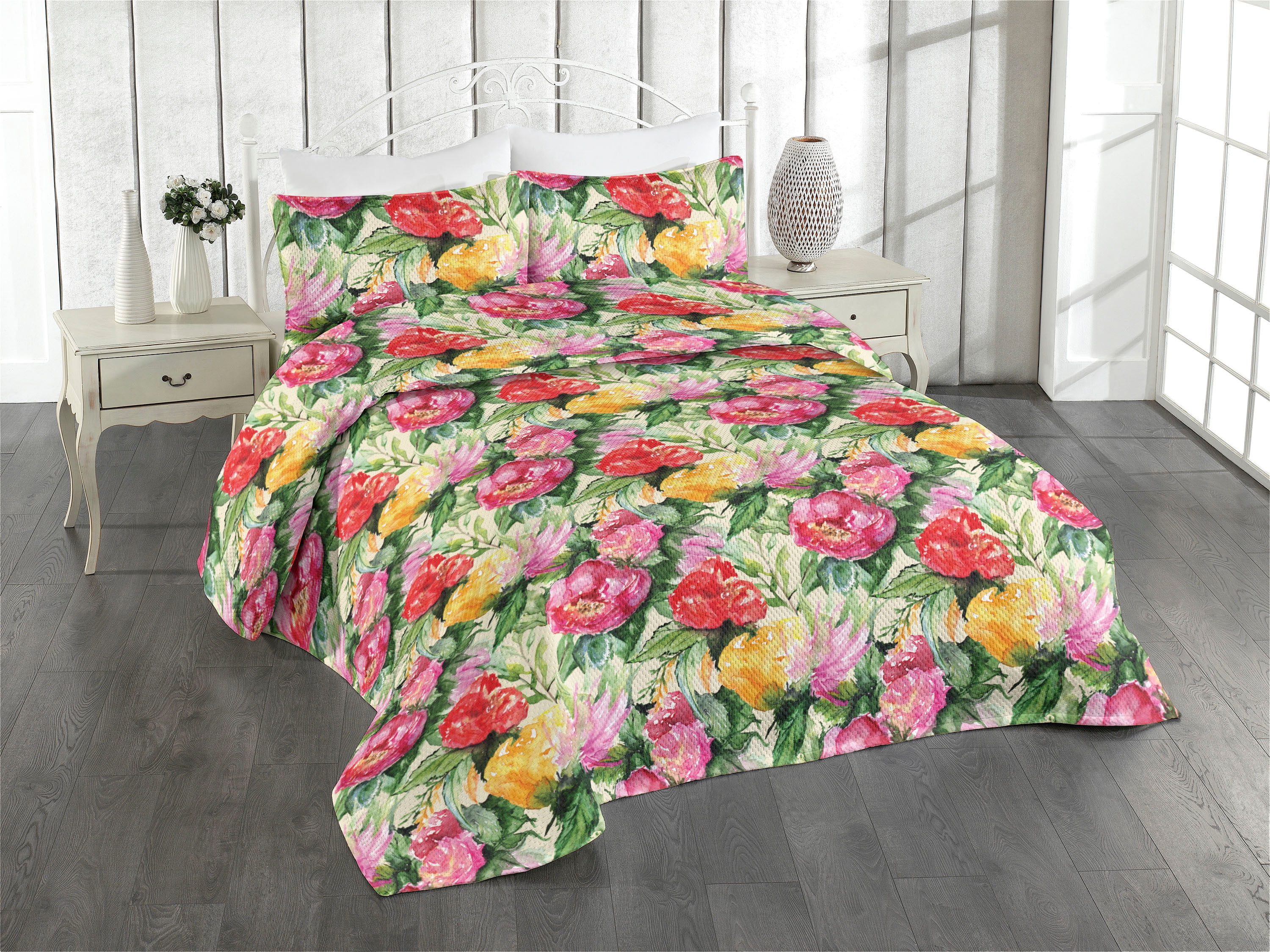 Ambesonne Vintage Quilted Bedspread Set 3 Pcs, Peony Rose Flowers ...