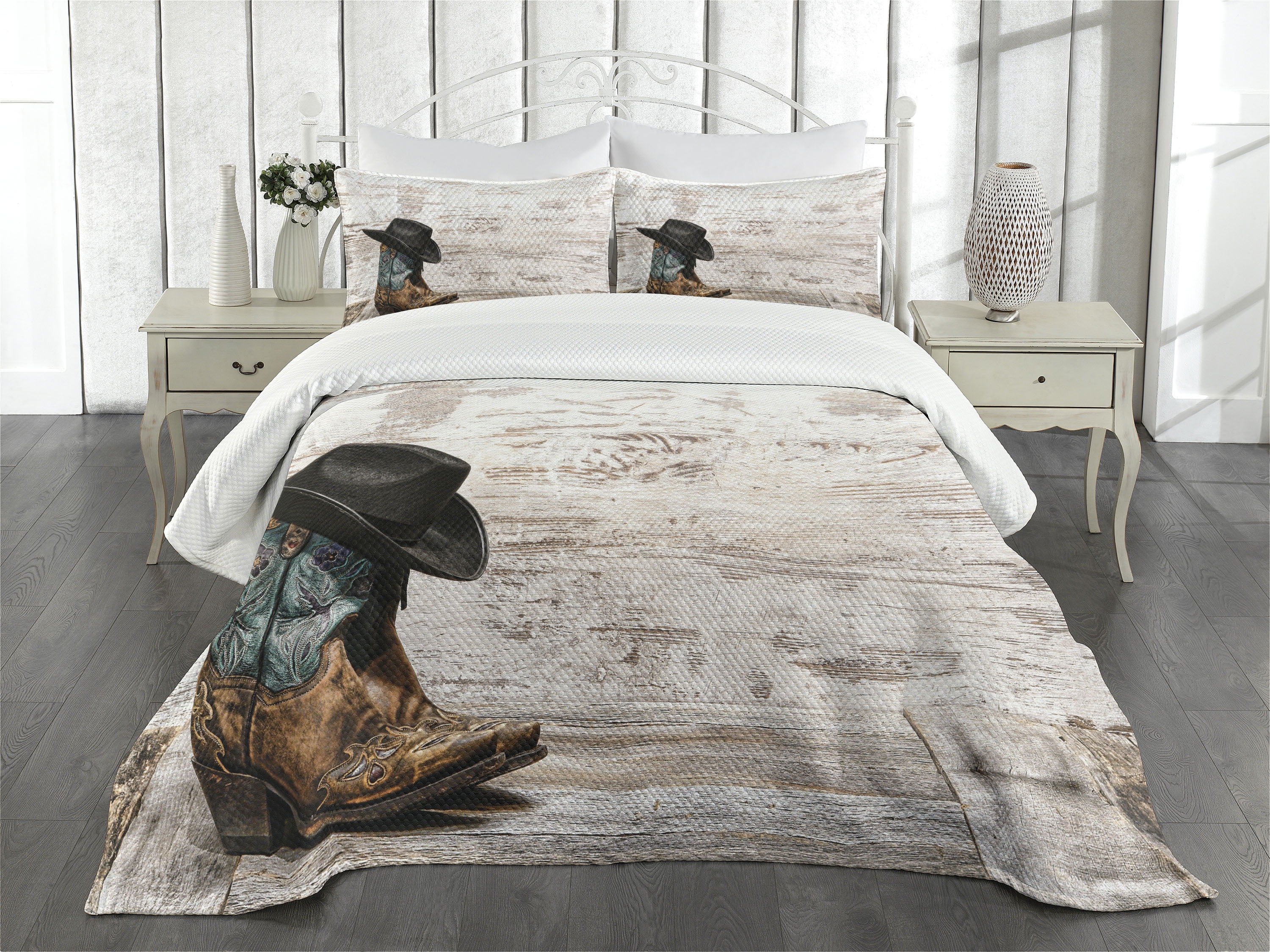 Ambesonne Vintage Quilted Bedspread Set 3 Pcs, Rodeo Cowboy Grunge Hat ...