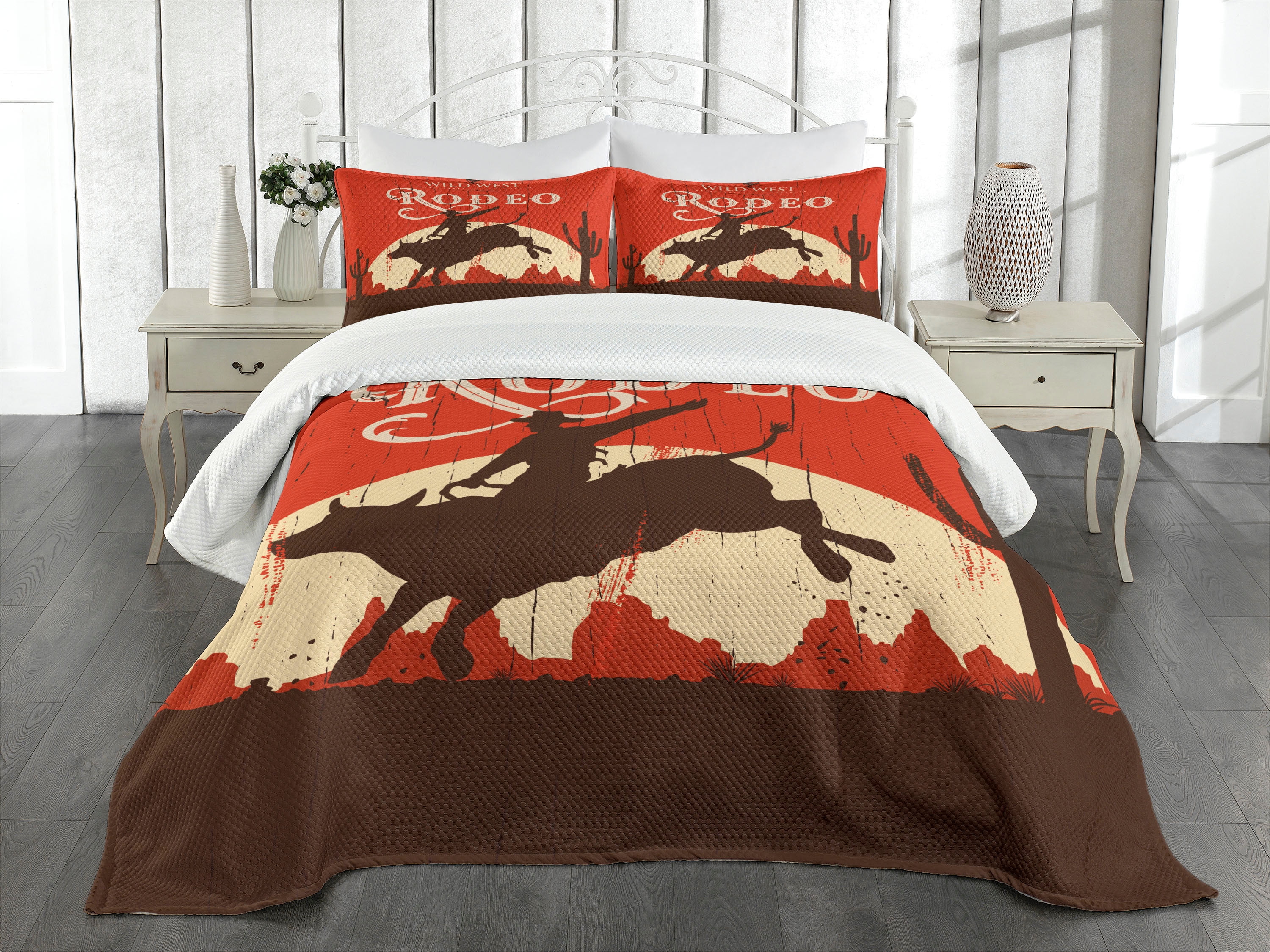 Ambesonne Vintage Quilted Bedspread Set 3 Pcs, Rodeo Cowboy Rides Bull ...
