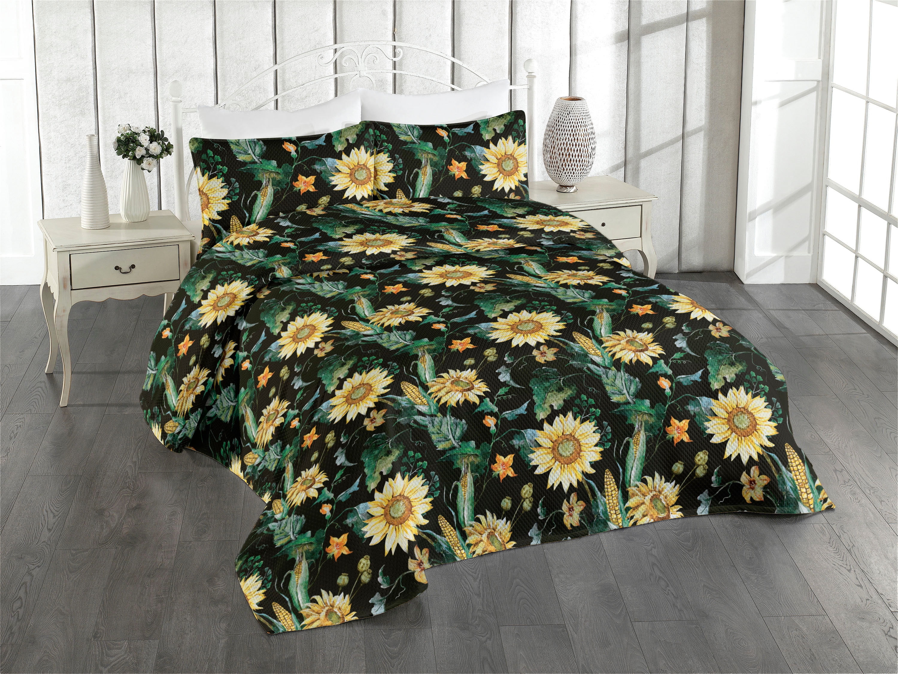 Ambesonne Vintage Quilted Bedspread Set 3 Pcs, Sunflowers Corns Pattern ...