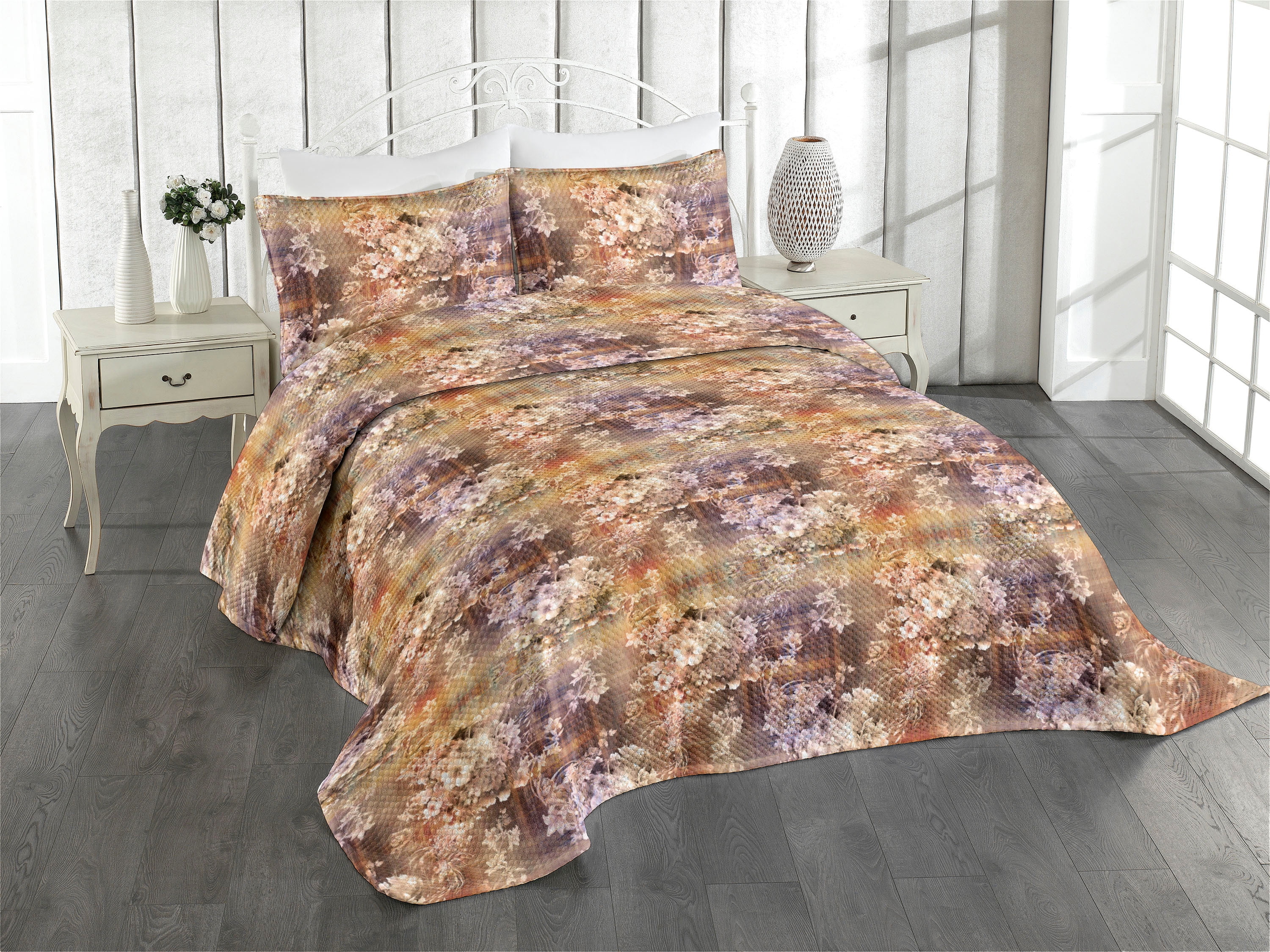 Ambesonne Vintage Quilted Coverlet 3 Pcs, Floral Bouquet Retro Spring ...